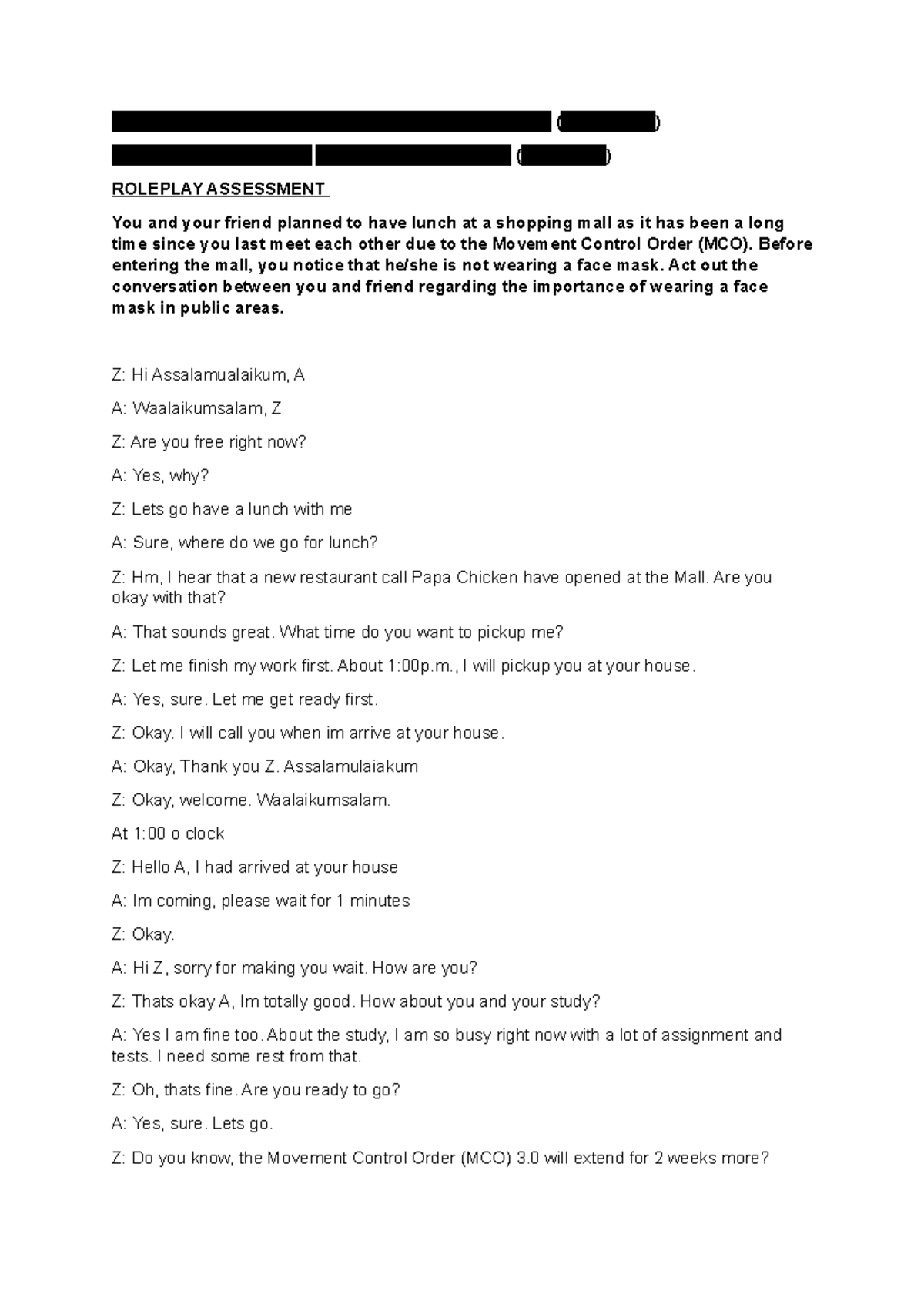 ELC121- Roleplay Assessment Example - MOHAMAD AMIRUL AIMAN BIN MOHD ...