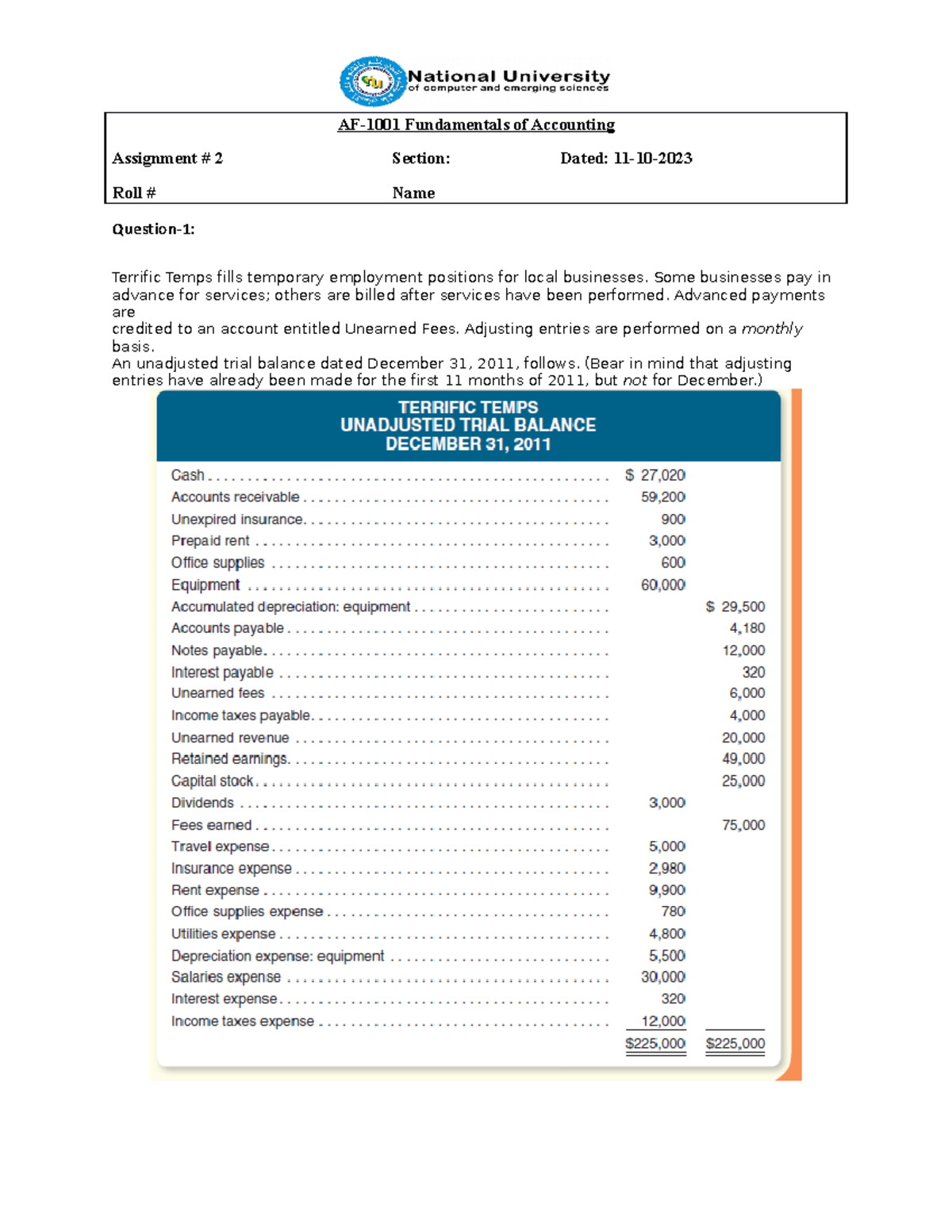 Assignment 2 - AF-1001 Fundamentals of Accounting Assignment # 2 ...