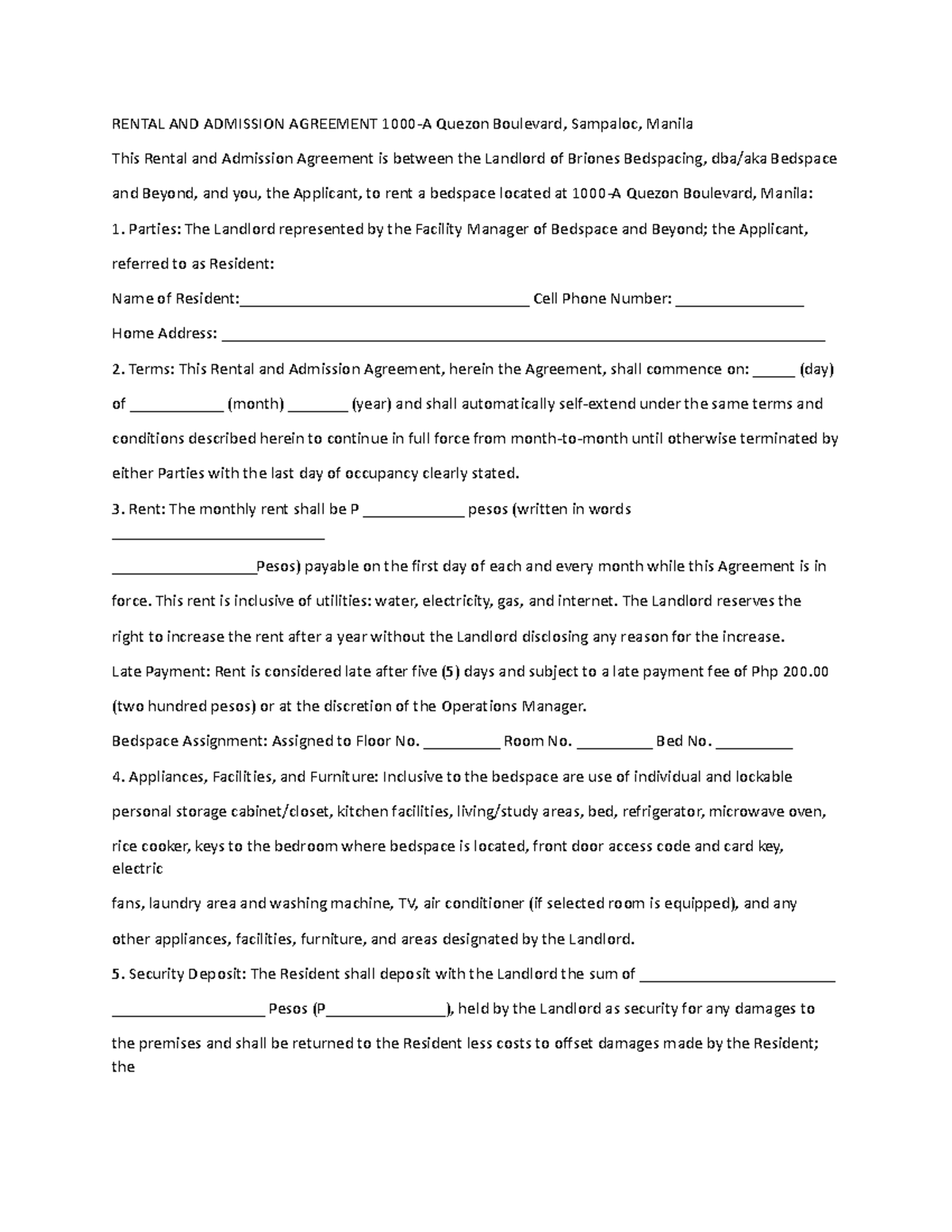 Bedspace Rental Contract - RENTAL AND ADMISSION AGREEMENT 1000-A Quezon ...