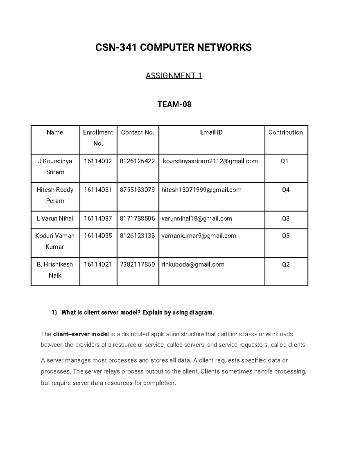 Networks Assignment 1 Computer Networks Assignment 1 T Name Enrollment Contact No Email Id