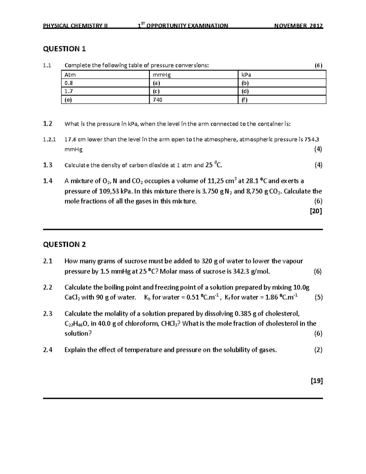 Physical Chemistry II Nov 2012 1 opp Paper - QUESTION 1 1 Complete the ...