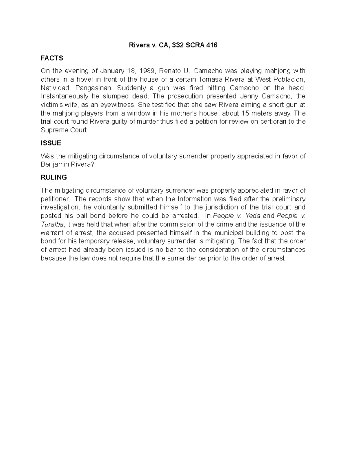 Rivera v CA cd - Rivera v. CA, 332 SCRA 416 FACTS On the evening of ...