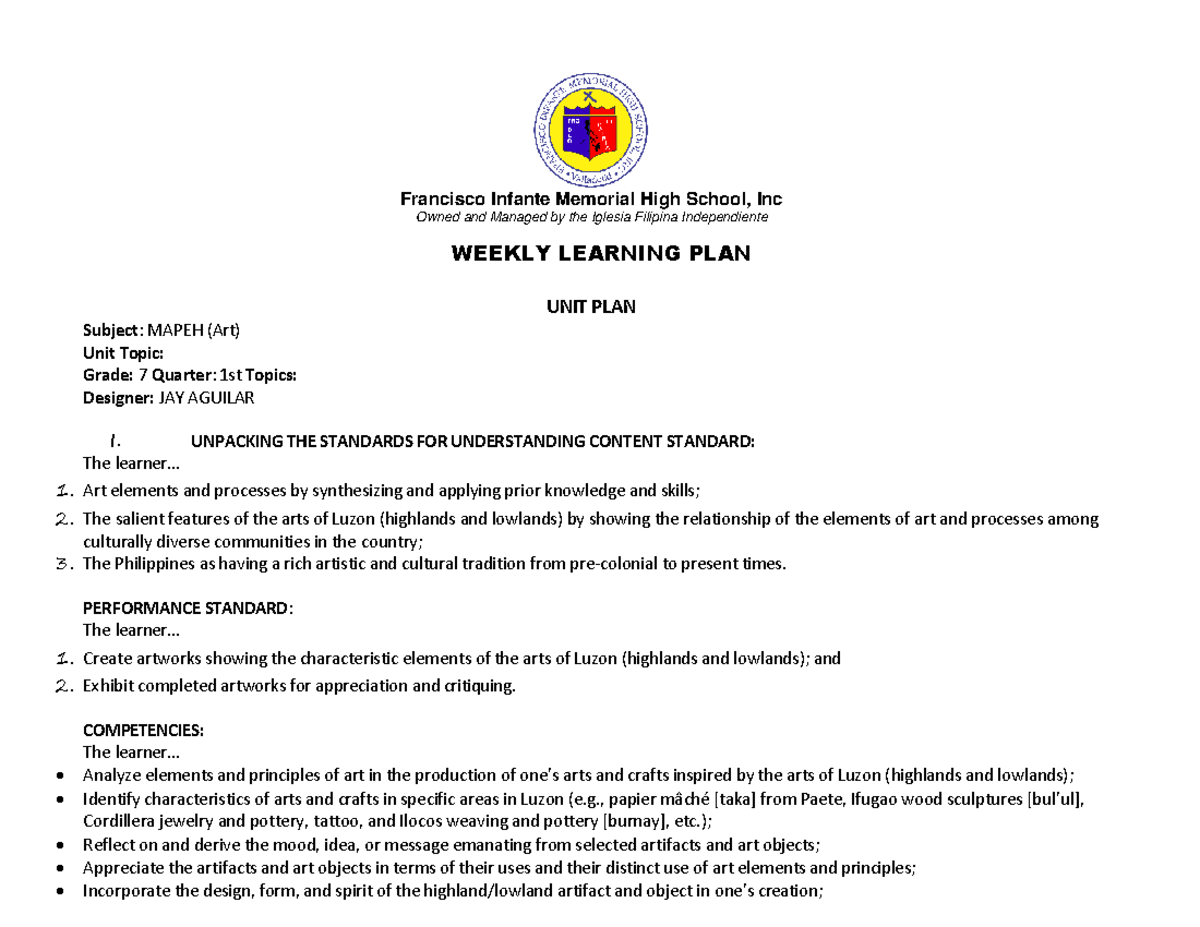 Sample Learning Plan in Mapeh 7 (Arts) - Francisco Infante Memorial High School, Inc Owned and ...