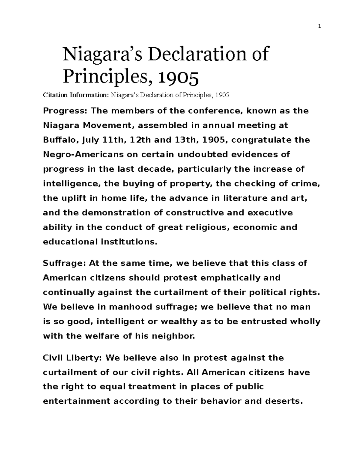 Niagara - READ - Niagara’s Declaration of Principles, 1905 Citation ...