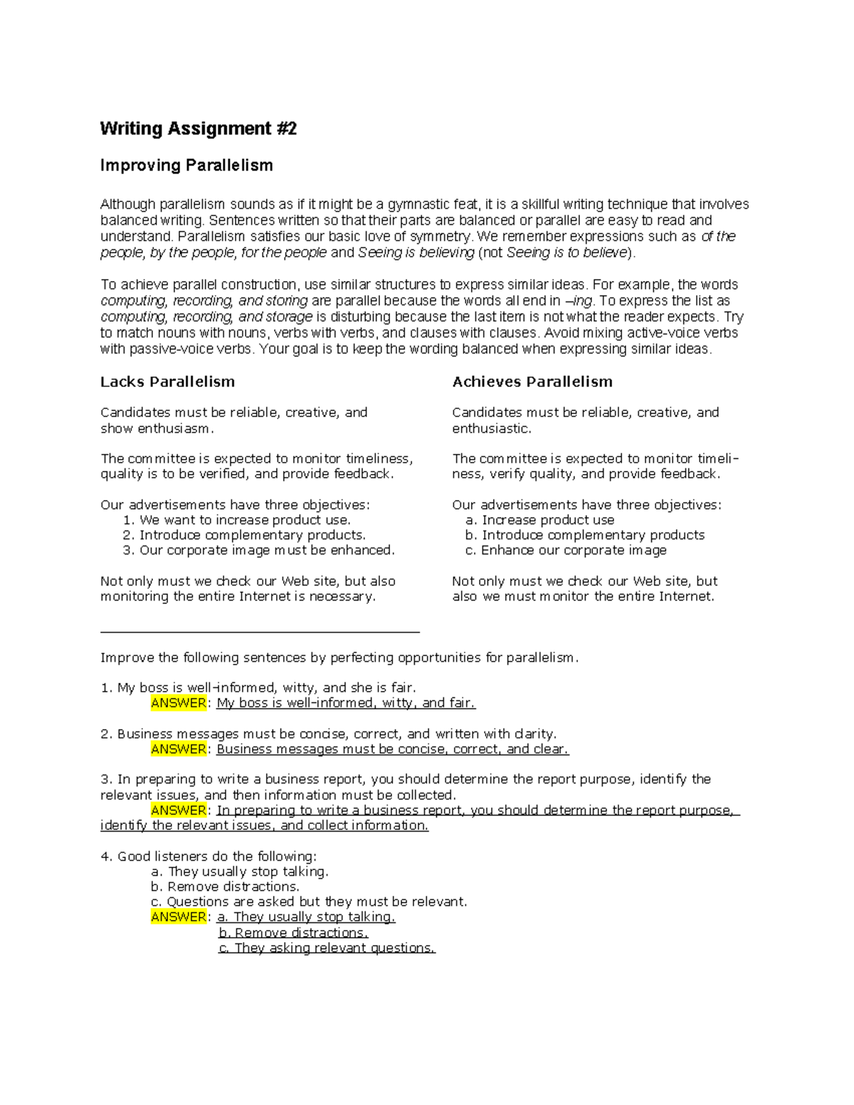 Writing Assignment #2 - Help to guide - Writing Assignment Improving Parallelism Although - Studocu