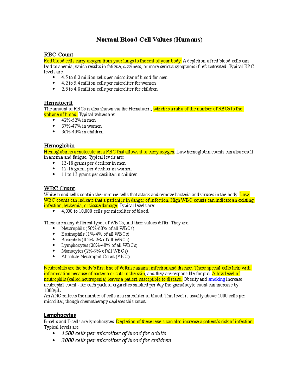 Lab three- normal blood cell counts (reference) - Normal Blood Cell ...