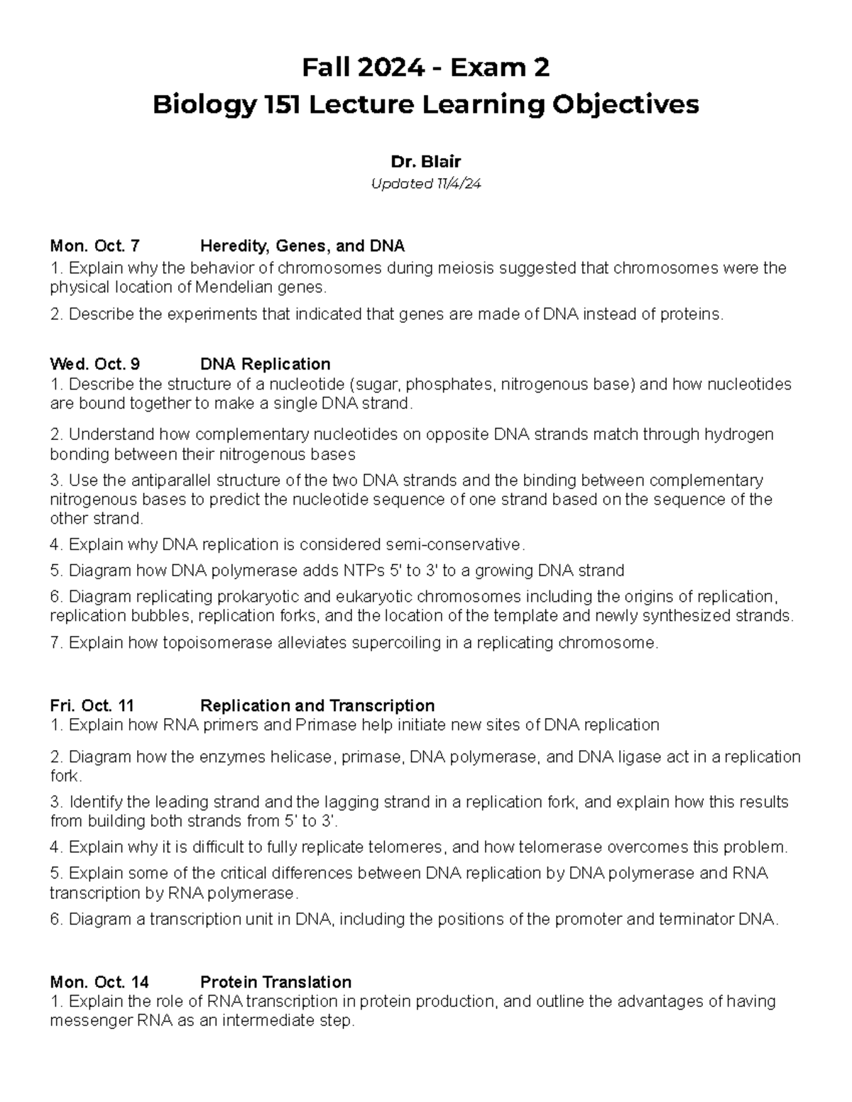 Llos Genetics Fa24 Llo For Exam 2 Fall 2024 Exam 2 Biology 151 Lecture Learning