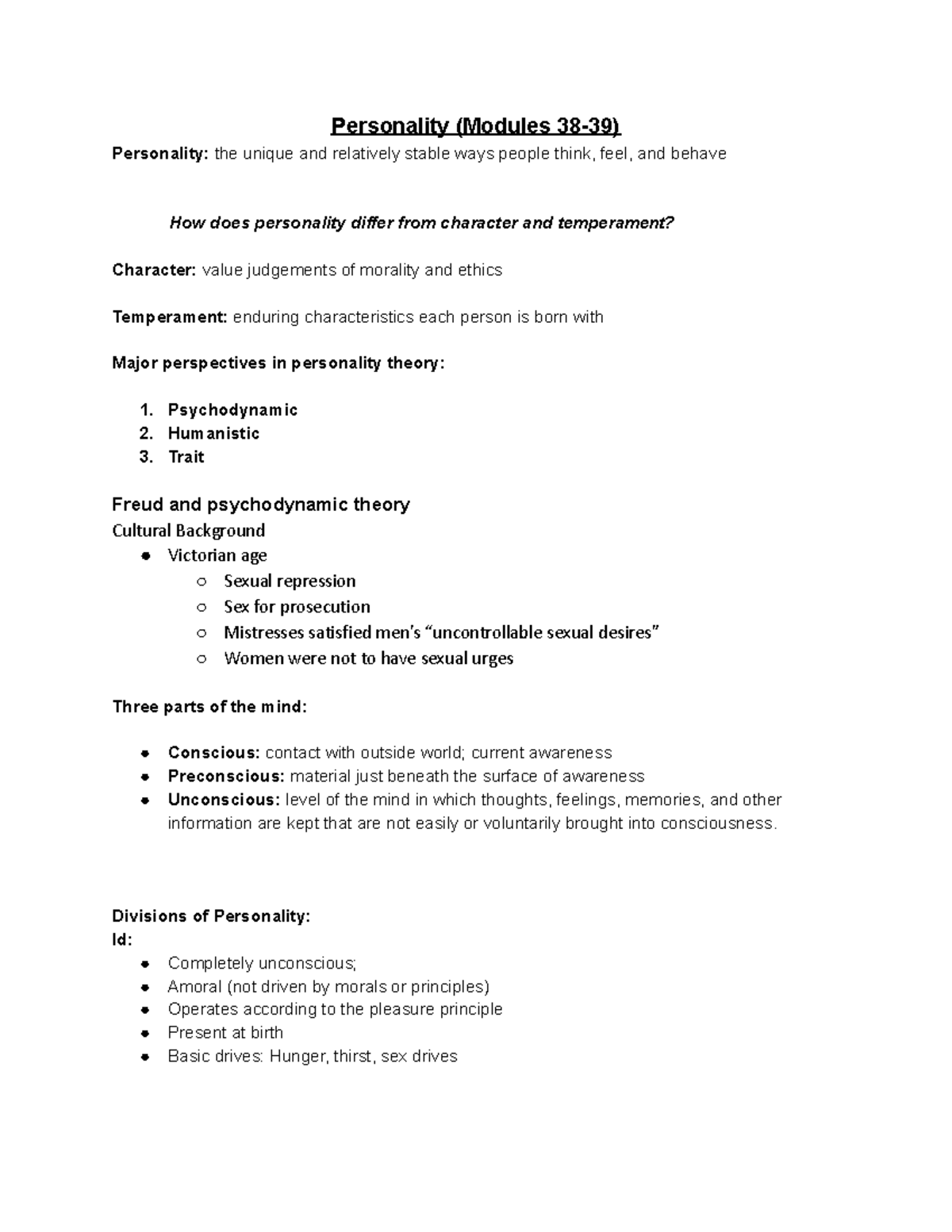Psych Section 9 - lecture notes - Personality (Modules 38-39 ...