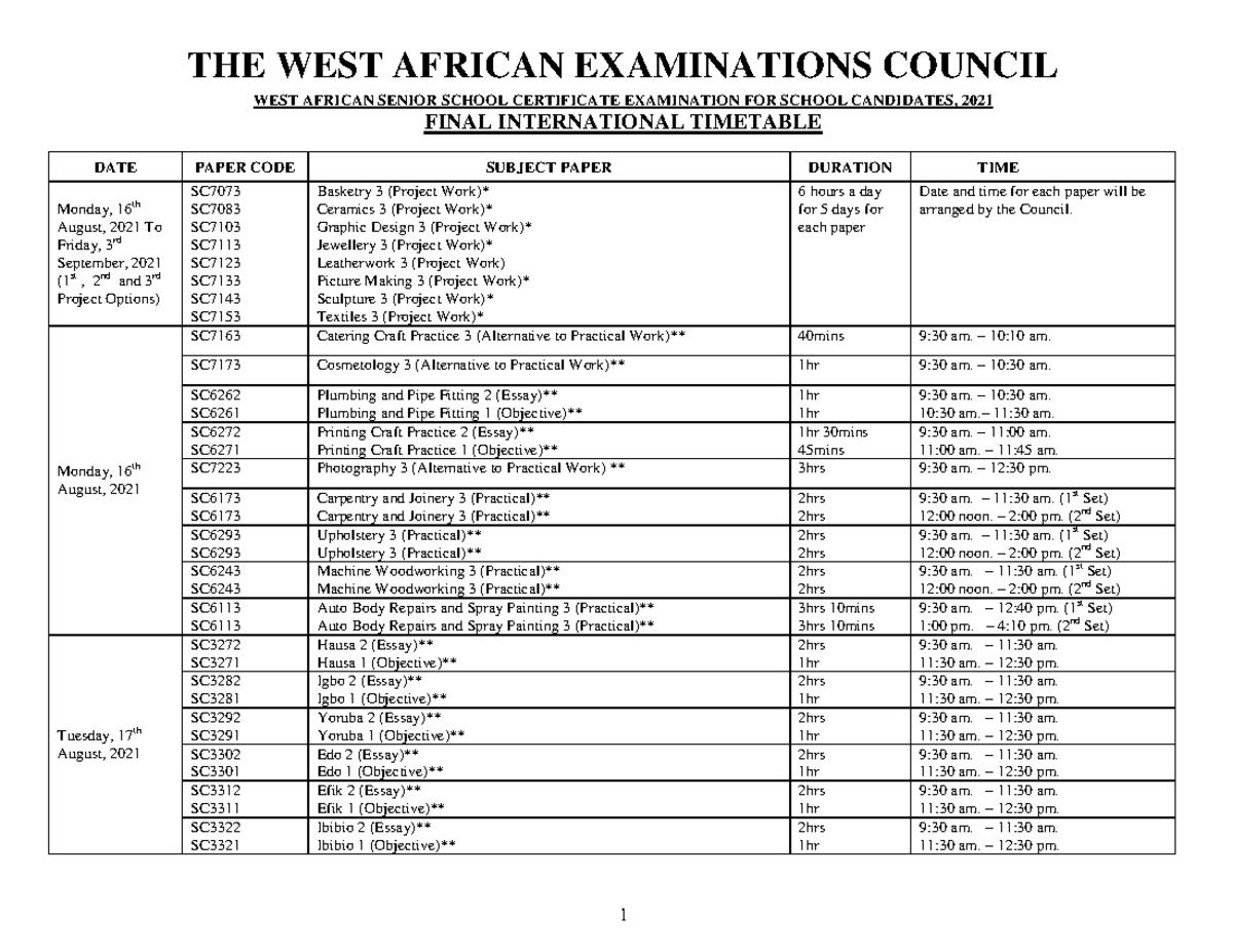 WAEC Time table 2021 - The Joint Admissions and Matriculations Board ...