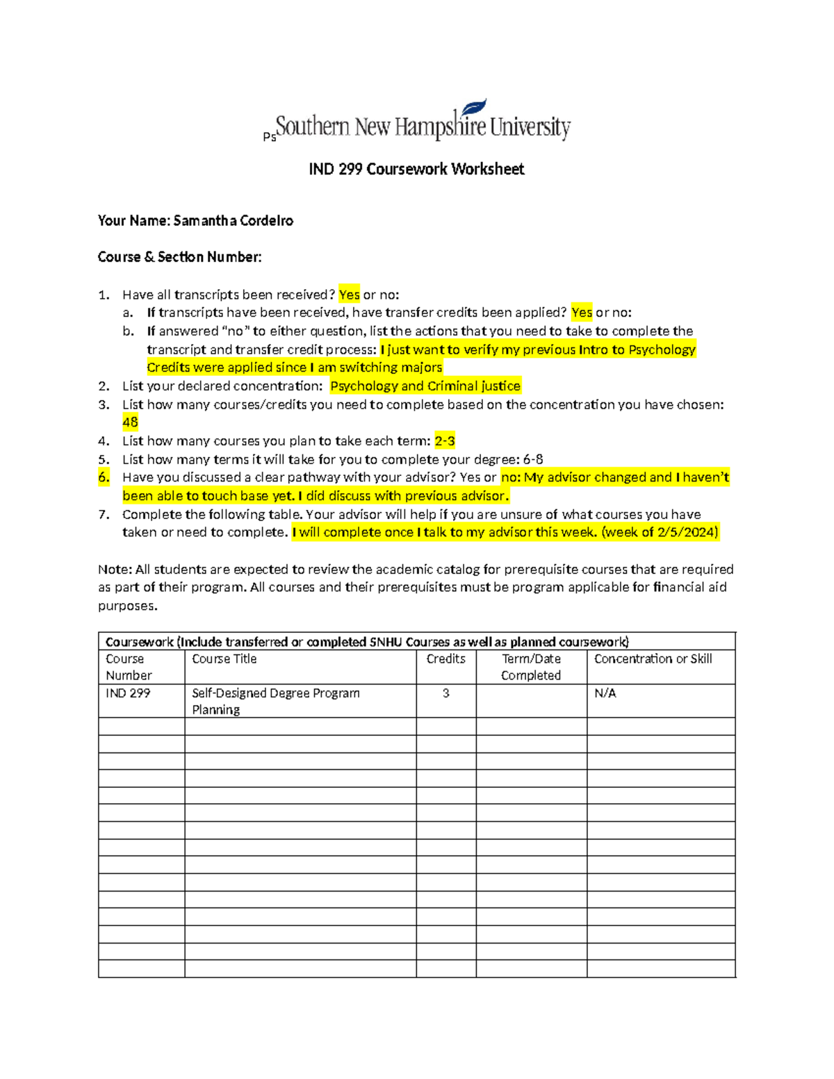 IND 299 Coursework Worksheet - Samantha Cordeiro - Ps IND 299 ...