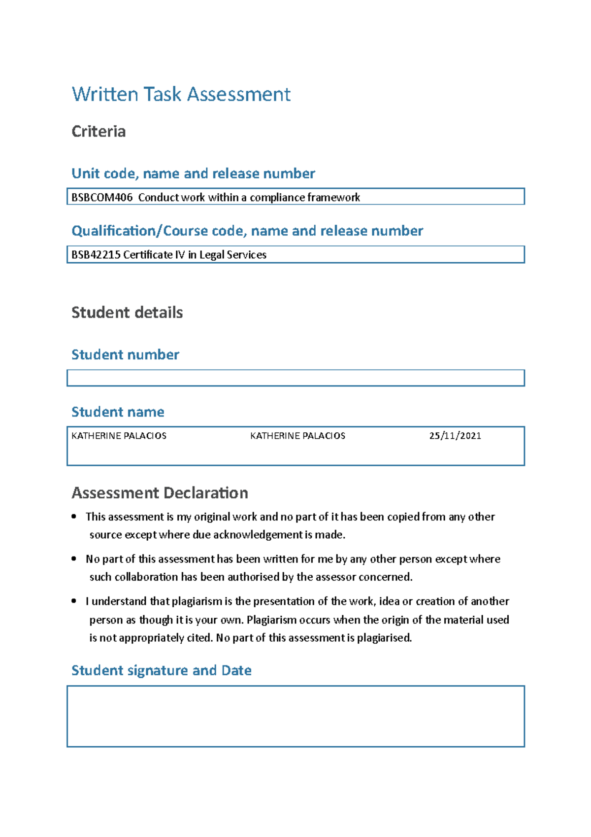 Written Task Assessment - Cover page and Assessment Feedback - Written ...