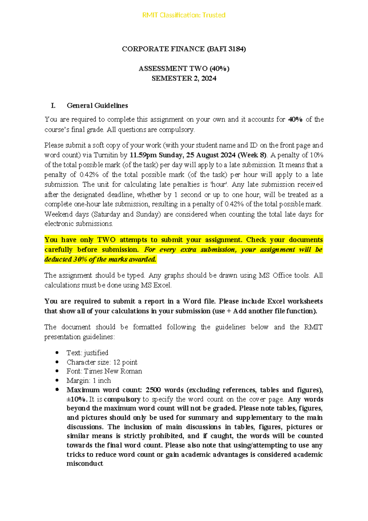 Assignment Two Instructions S2 2024-1 - CORPORATE FINANCE (BAFI 3184 ...