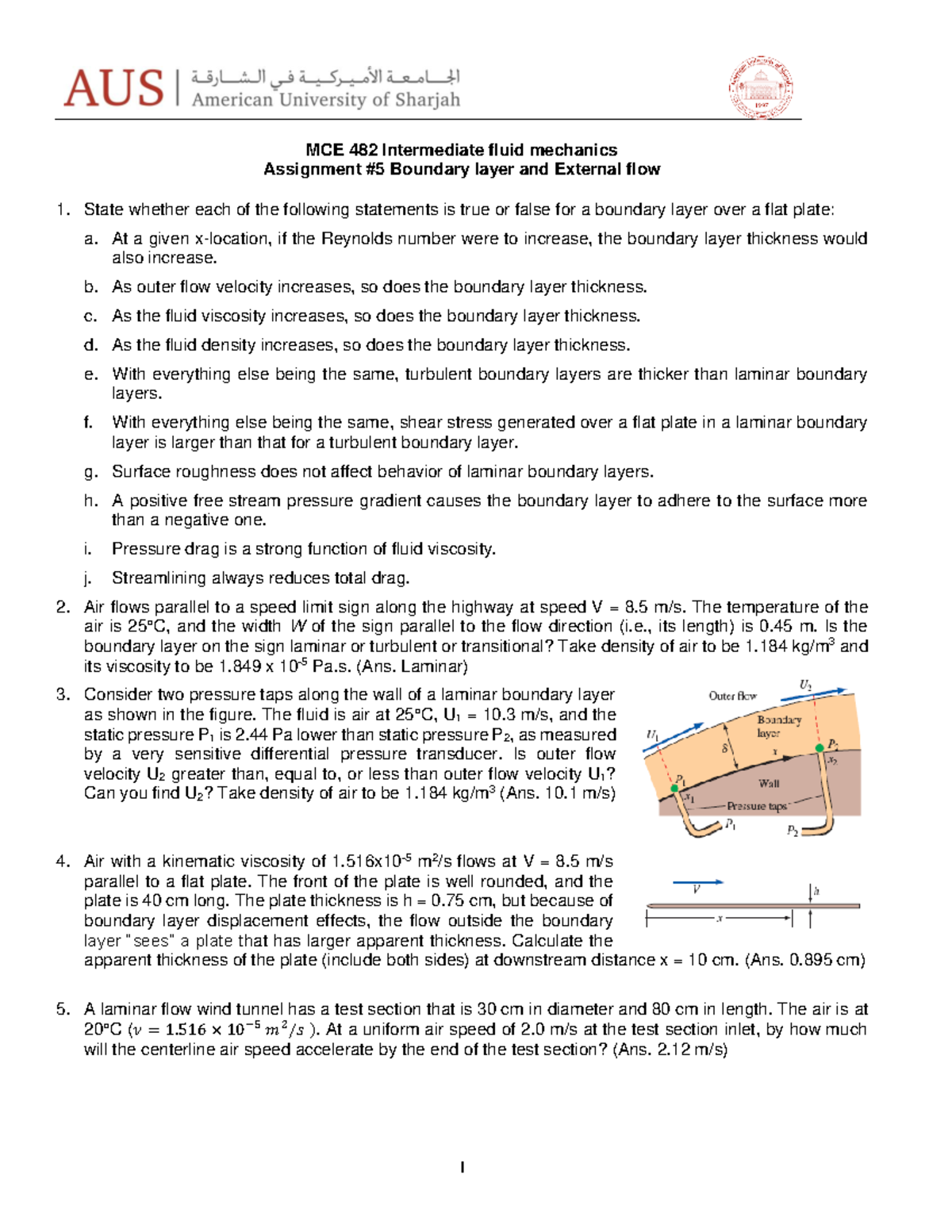 MCE 482 Assignment #5 - Boundary layer and external flow - 1 MCE 482 Intermediate fluid ...