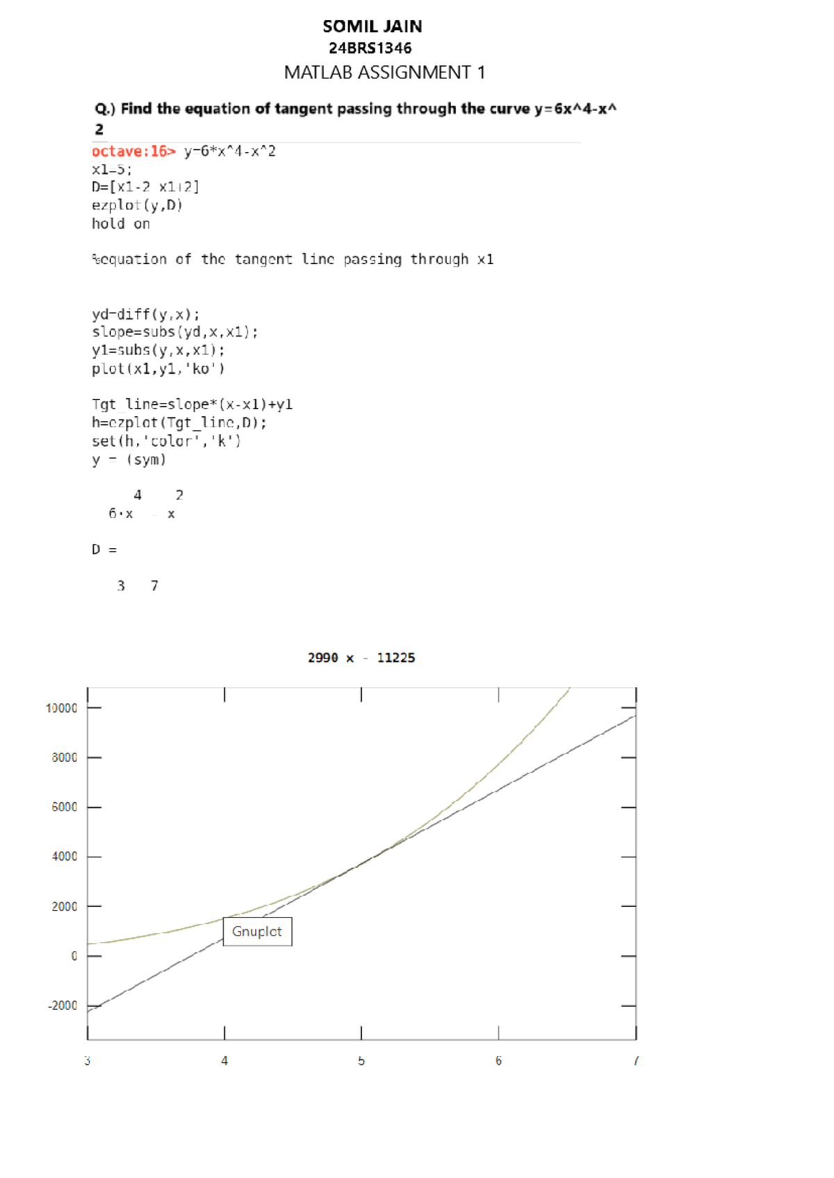 Matlab assignment - SOMIL JAIN 24BRS1346 MATLAB ASSIGNMENT 1 Q.) Find ...