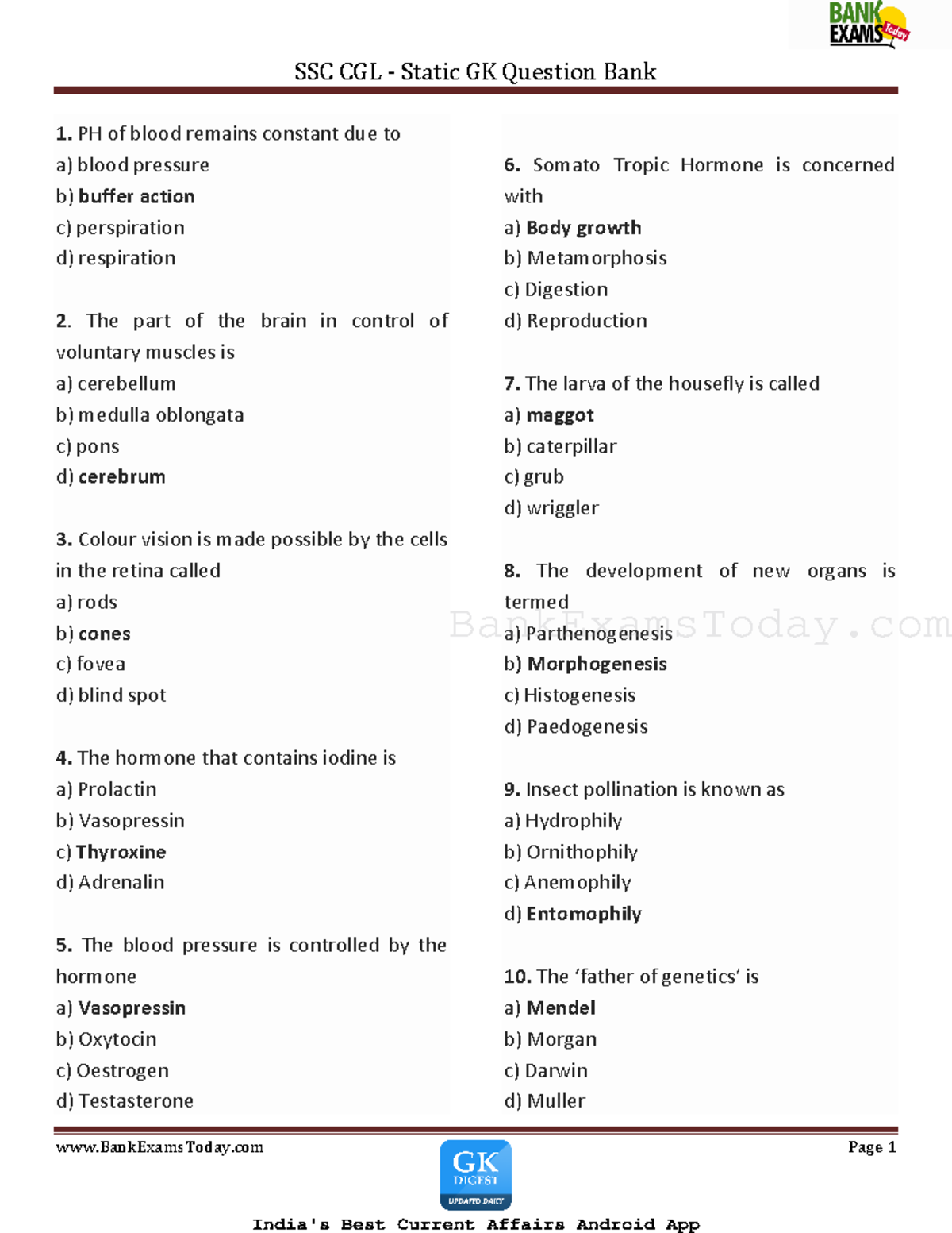 Ssc question bank - BankExamsToday Page 1 1. PH of blood remains ...