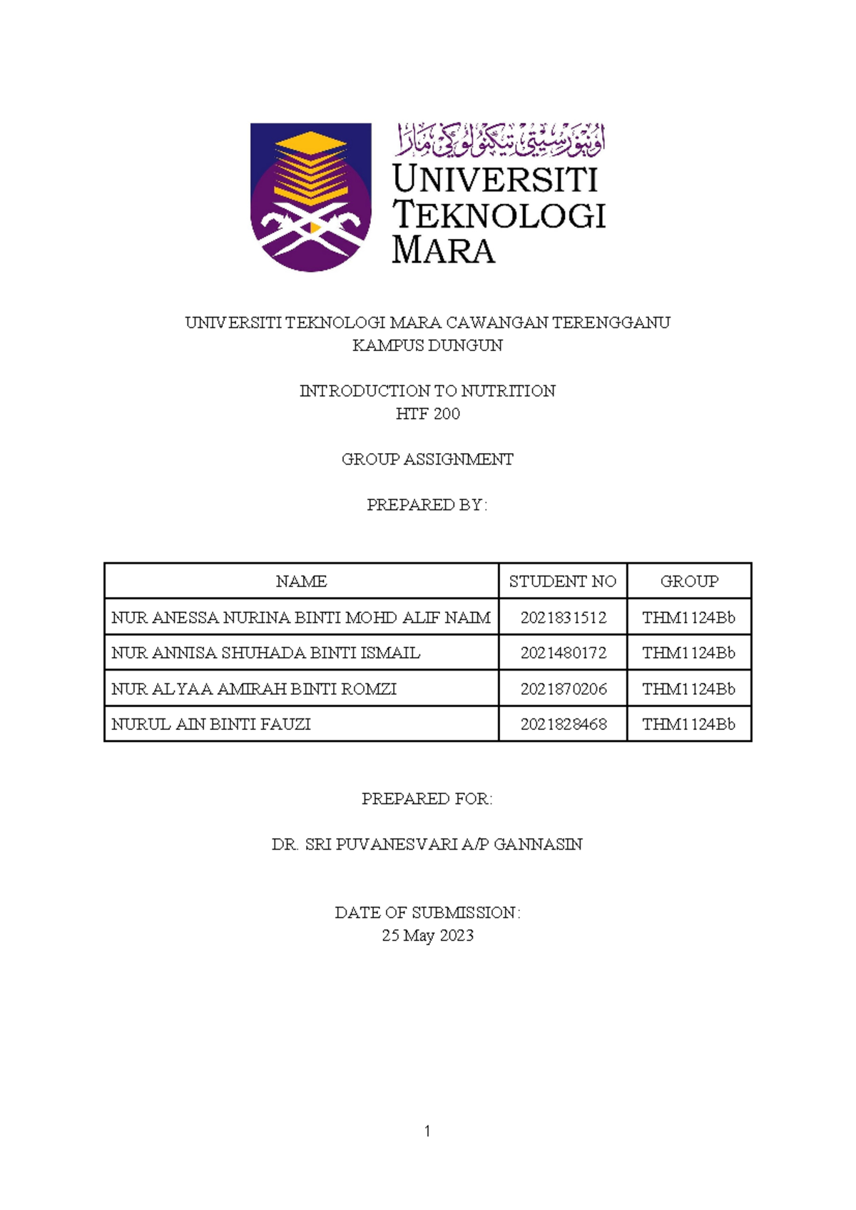 Group Assignment HTF 200 - UNIVERSITI TEKNOLOGI MARA CAWANGAN ...