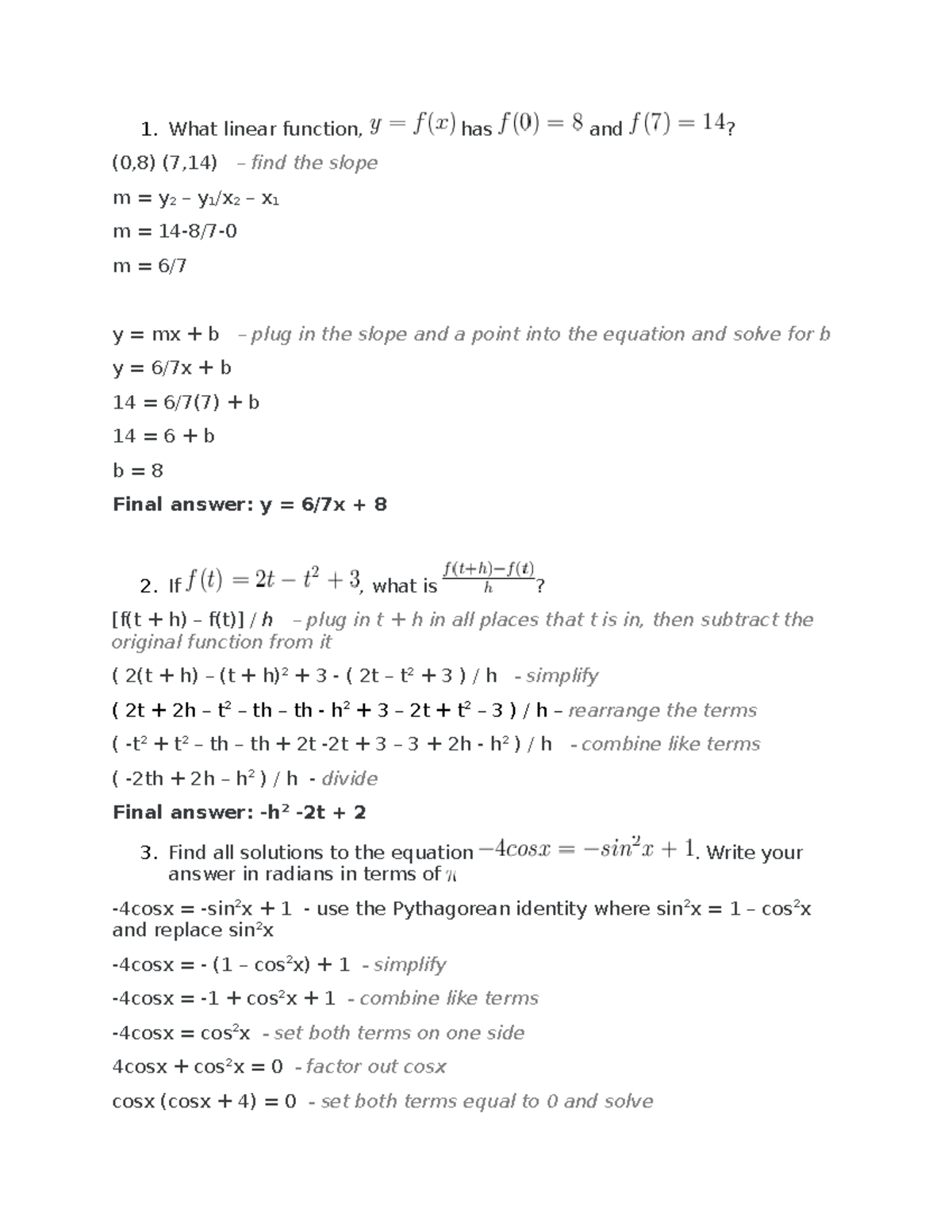 Written Assignment Unit 1 - What linear function, has and? (0,8) (7,14 ...