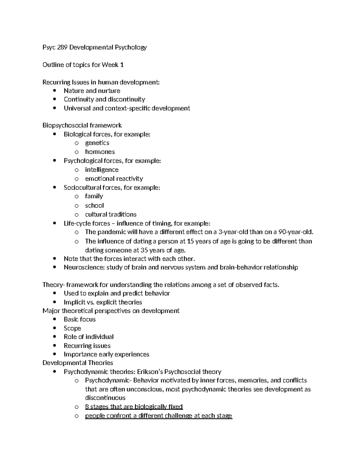 Week 1 - notes - Psyc 289 Developmental Psychology Outline of topics ...