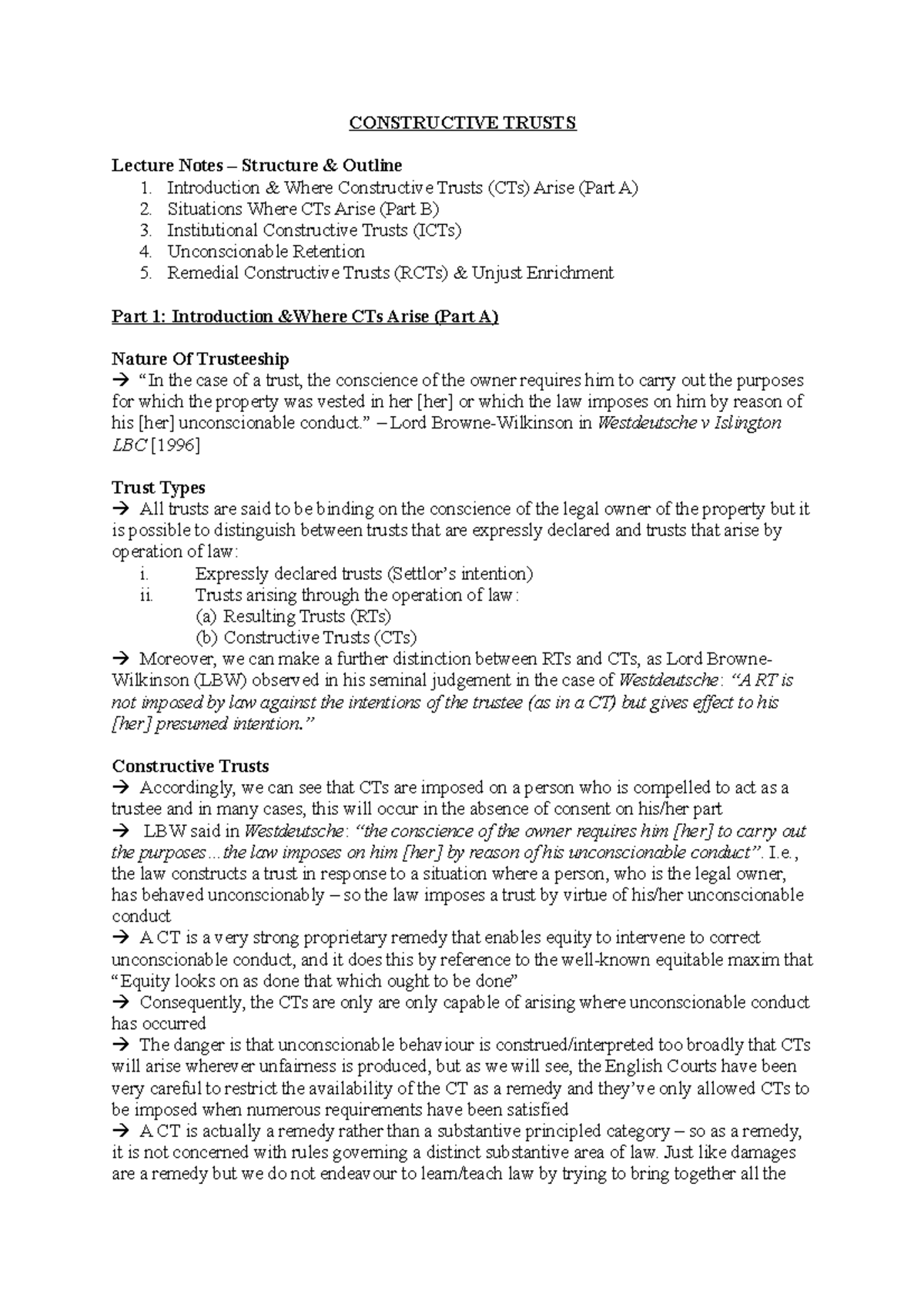 Constructive Trusts - CONSTRUCTIVE TRUSTS Lecture Notes – Structure ...