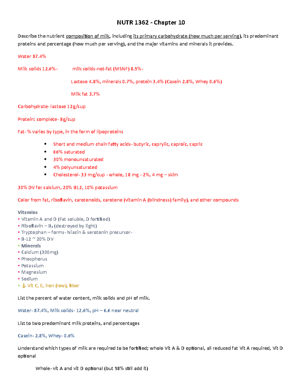 Learning Objectives and Study Guide Chapter 10 - NUTR 1362 - Chapter 10 Describe the nutrient ...