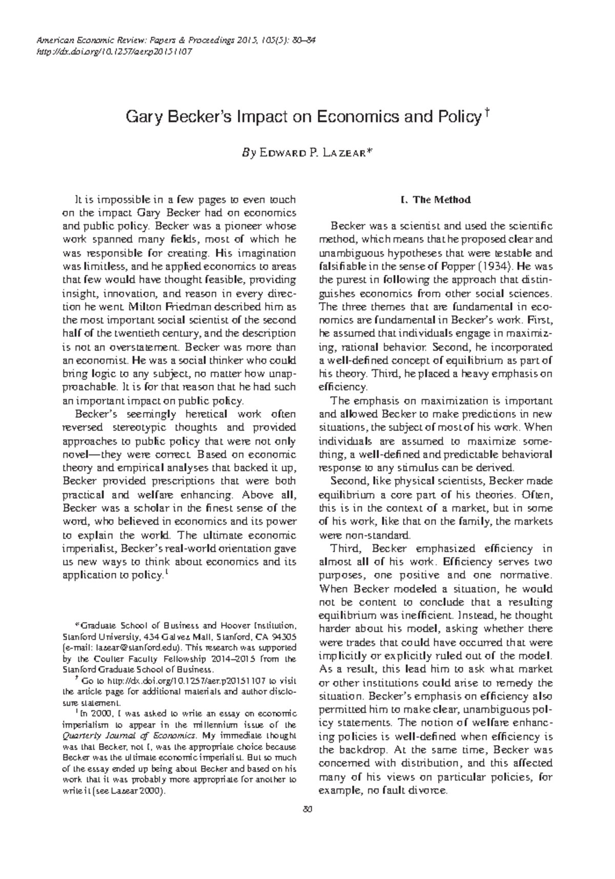 Gary Becker's Impact on Economics and Policy - Lazear, Edward P - 80 ...