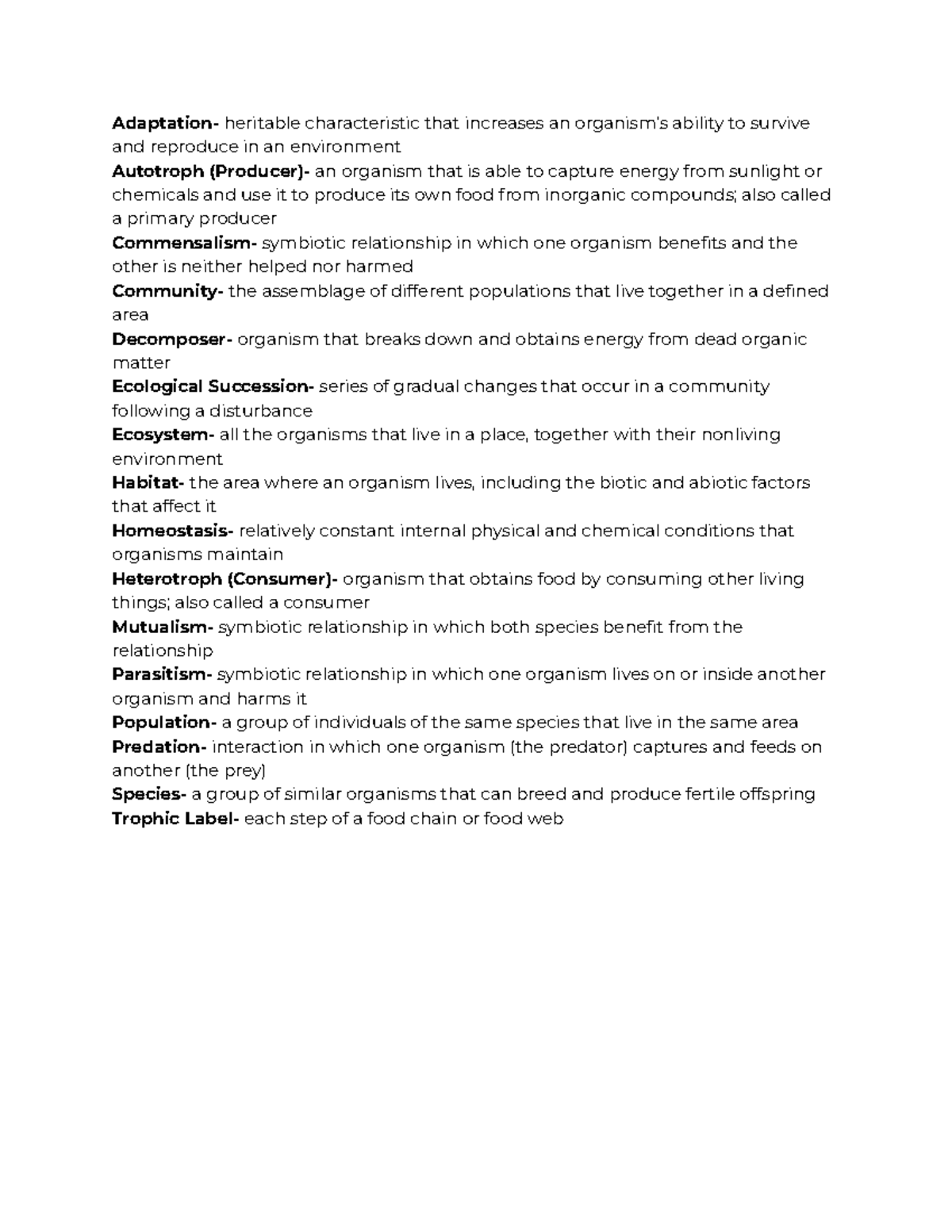 Ecology Vocabulary - Adaptation- heritable characteristic that ...