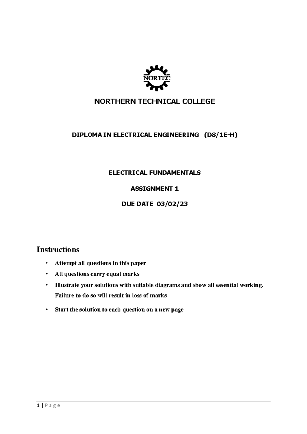 Electrical Fundamentals Assignment 1 - NORTHERN TECHNICAL COLLEGE ...