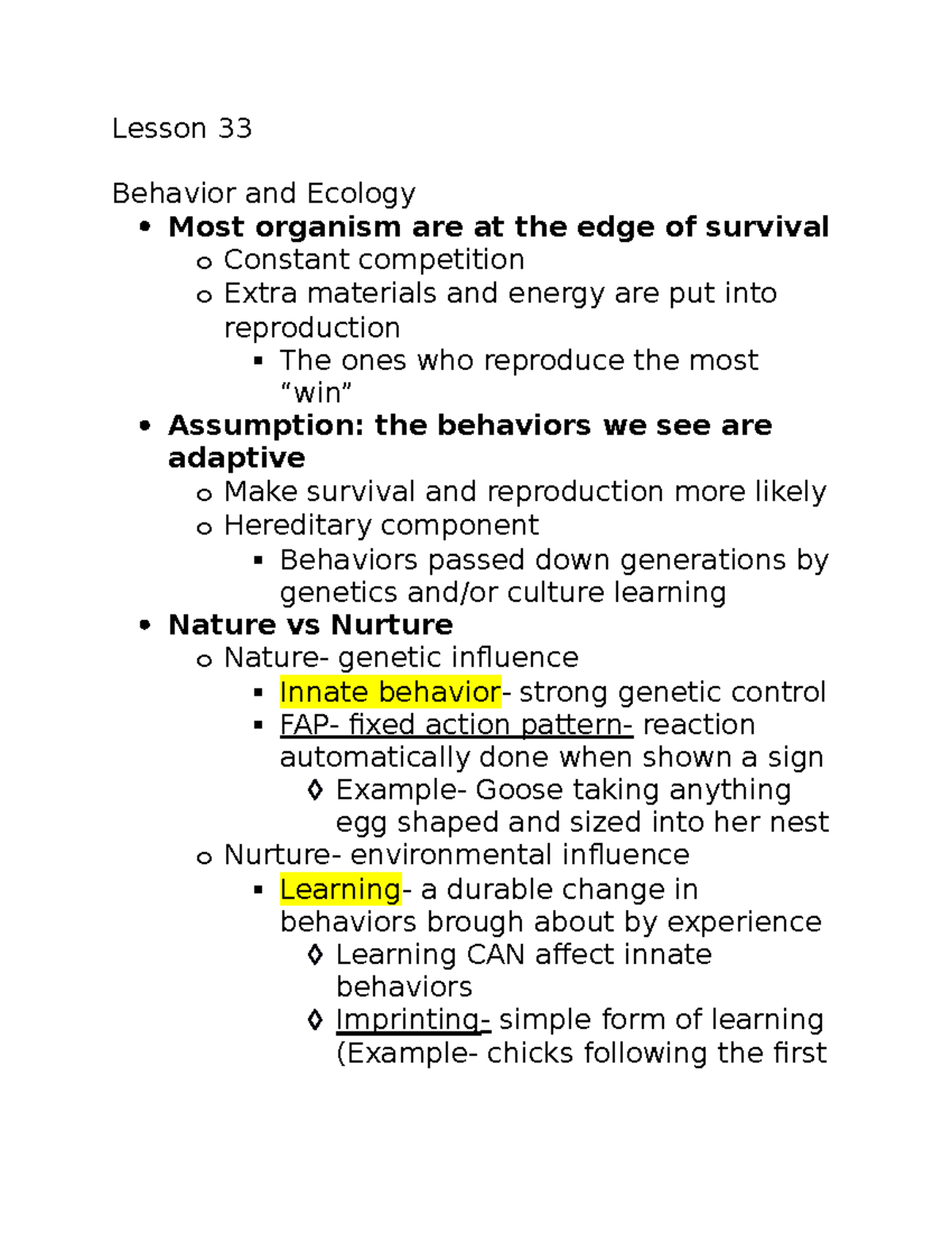 Biology Lecture Chapter 33- Animal Behavior - Lesson 33 Behavior and ...