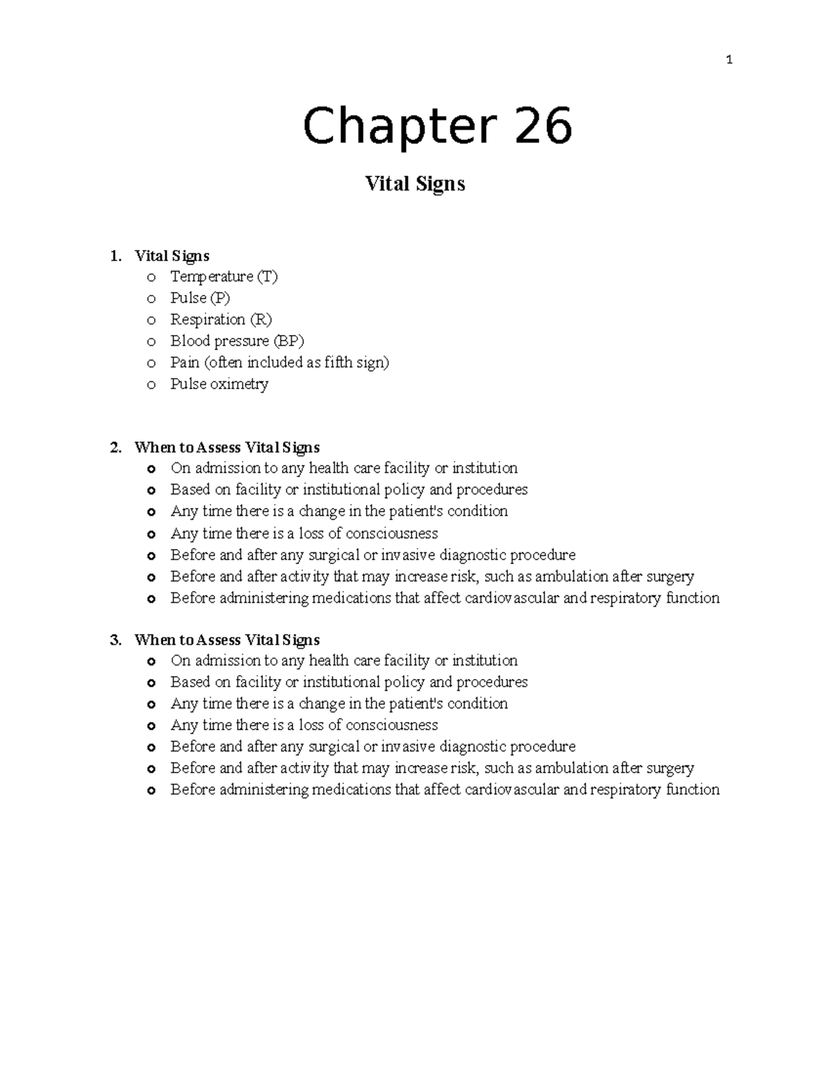 Chapter 26 - Chapter 26 Vital Signs Vital Signs o Temperature (T) o ...