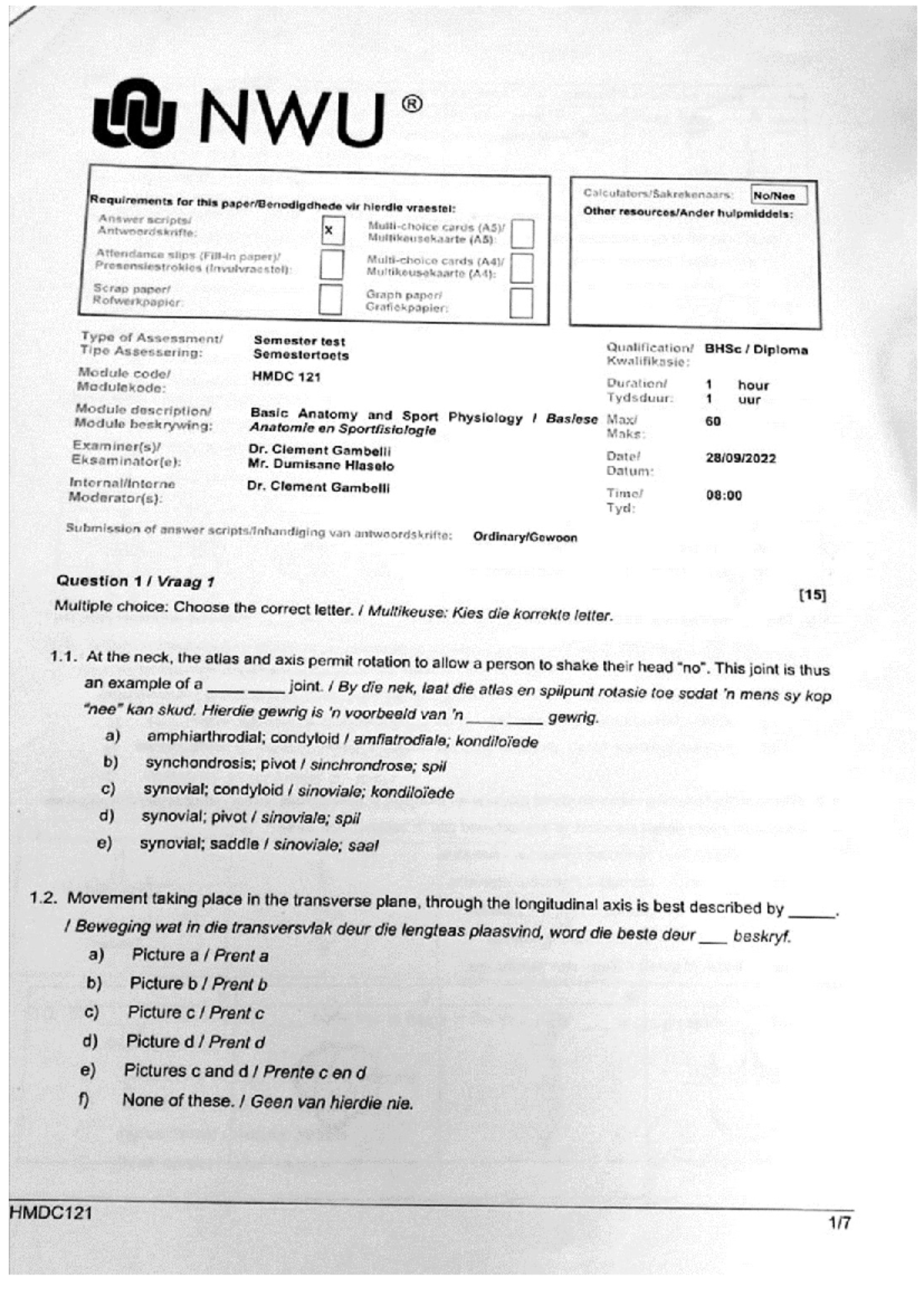 HMDC121 Semester test 2022 - U NWU R Calcutators/Sakrekenaars ...