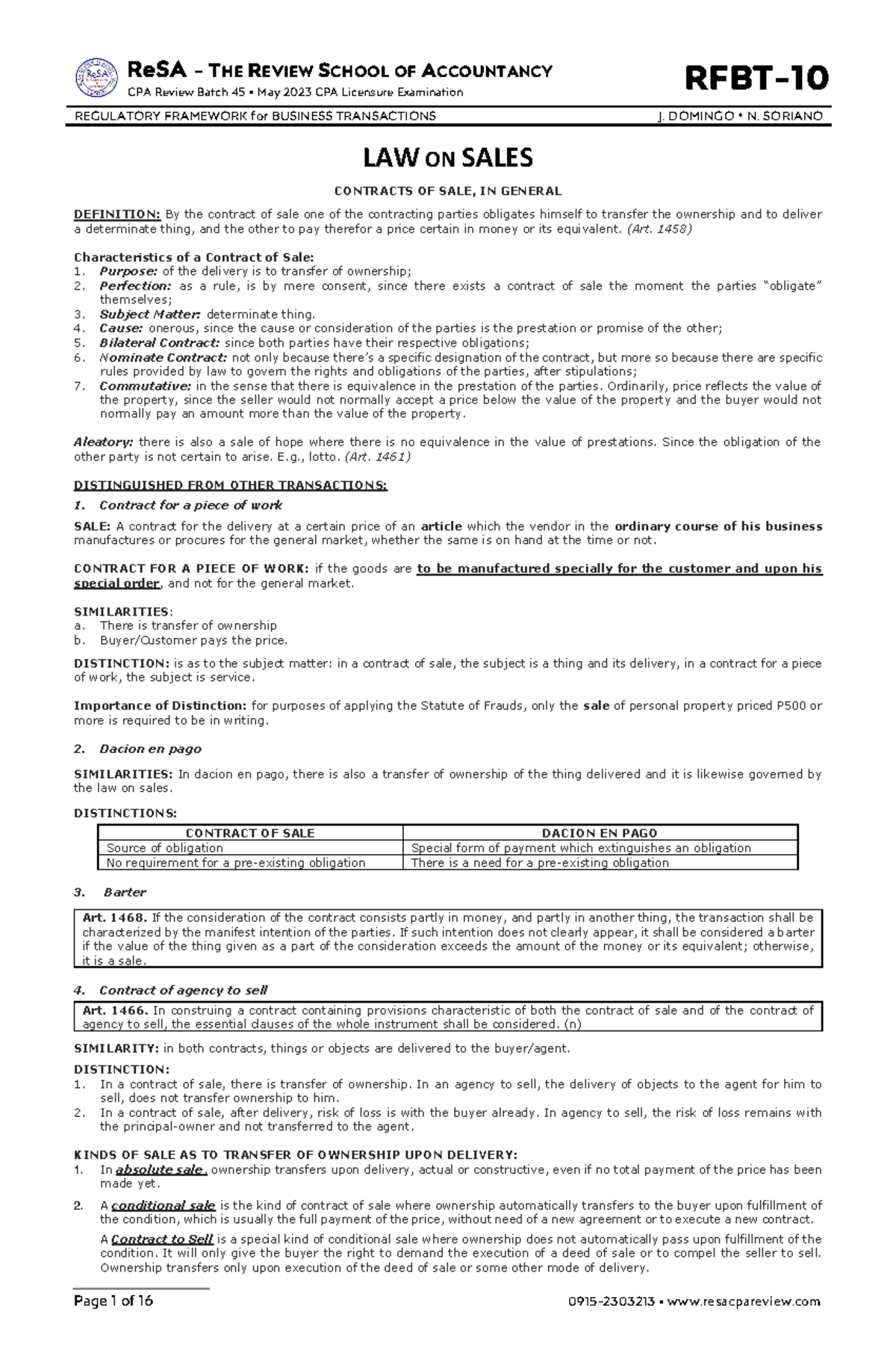 RFBT-10 (Sales) - RFBT NOTES - ReSA - THE REVIEW SCHOOL OF ACCOUNTANCY ...