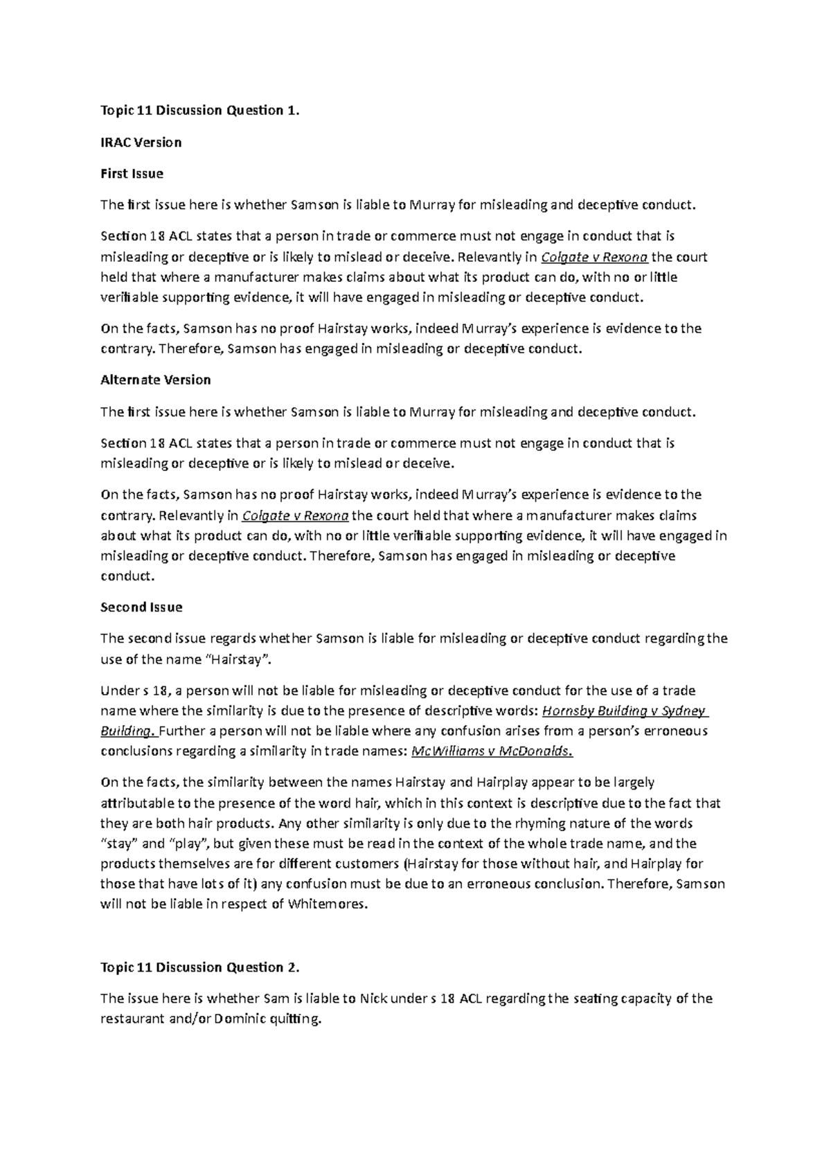 Workshop (DC) - Topic 11 Discussion Question 1. IRAC Version First ...