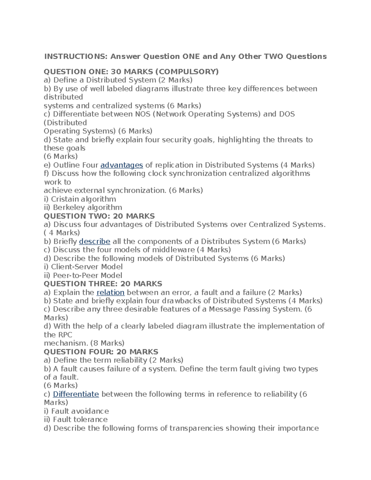 Distributed - (6 Marks) i) Cristain algorithm ii) Berkeley algorithm ...