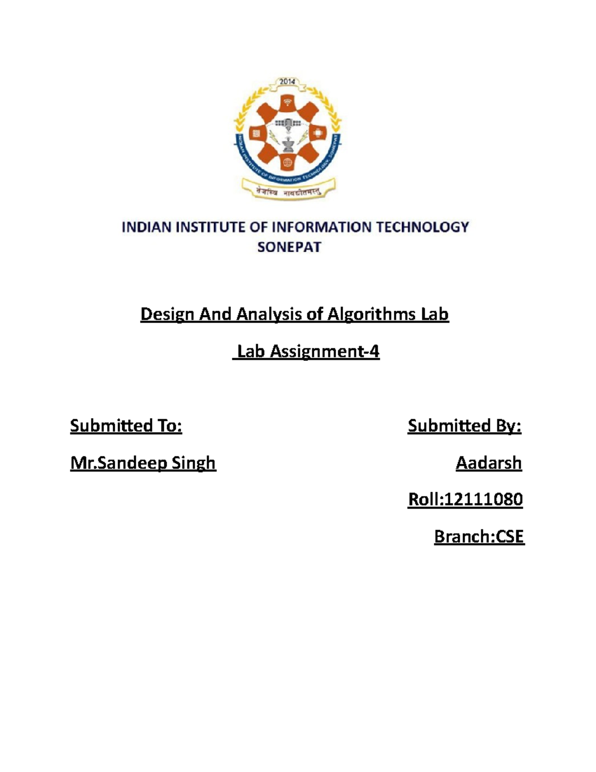 12111080 DAAAsg 4 - Design And Analysis of Algorithms Lab Lab Assignment- Submitted To ...