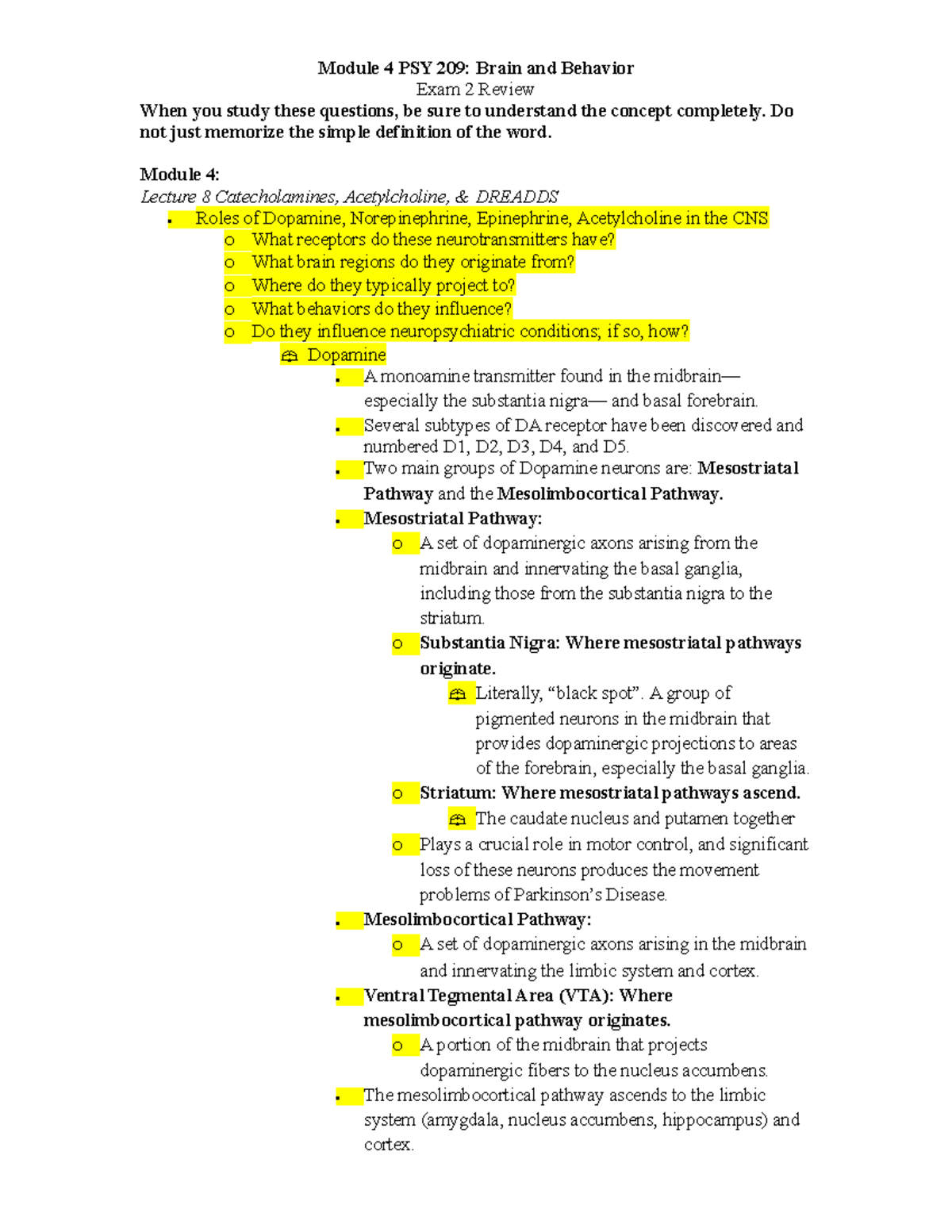 Psy studyguide - Exam Study Guide - Module 4 PSY 209: Brain and Behavior Exam 2 Review When you ...