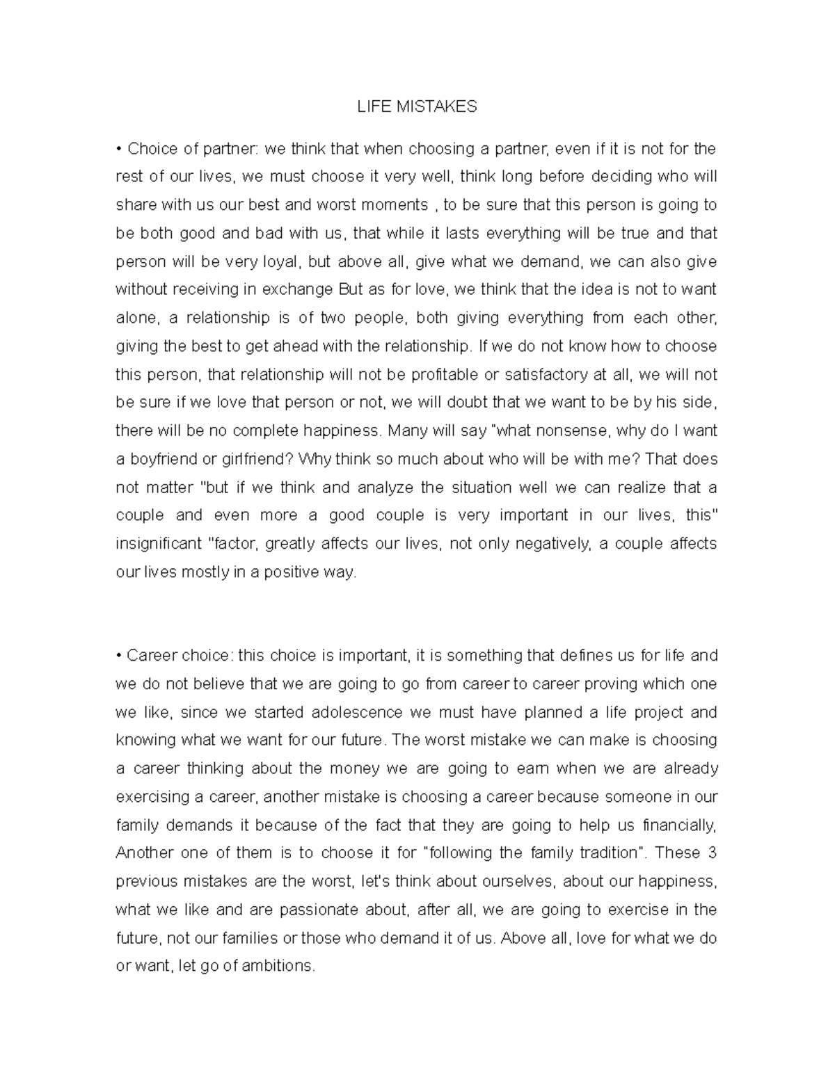 LIFE Mistakes - Grade: 10 - LIFE MISTAKES Choice of partner: we think ...