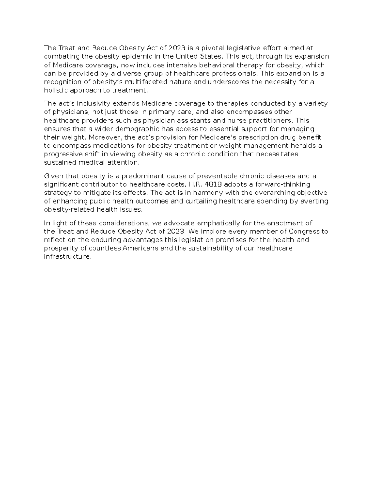 NURS 6050 Advocacy statement - The Treat and Reduce Obesity Act of 2023 ...