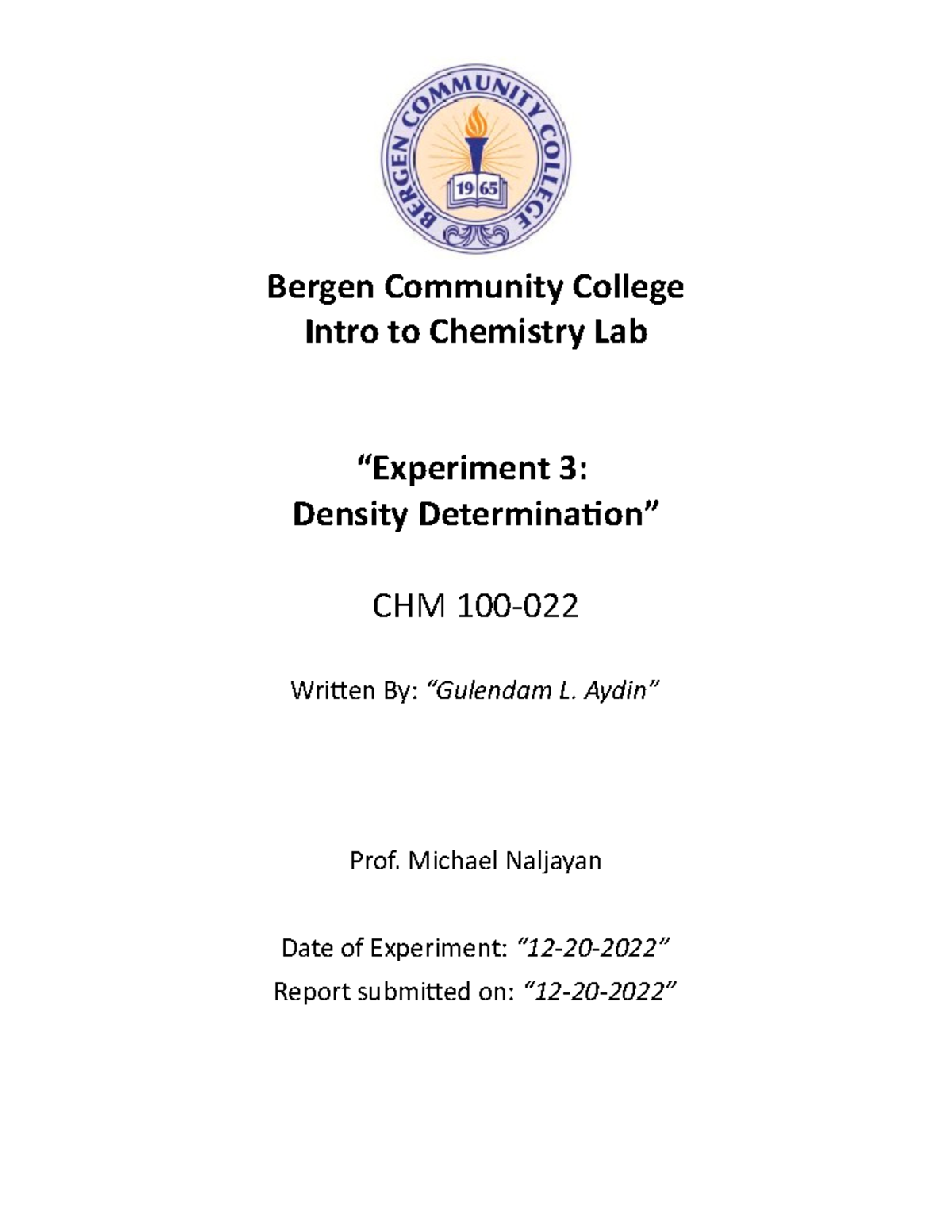 Experiment 3 - chemistry lab - Bergen Community College Intro to ...