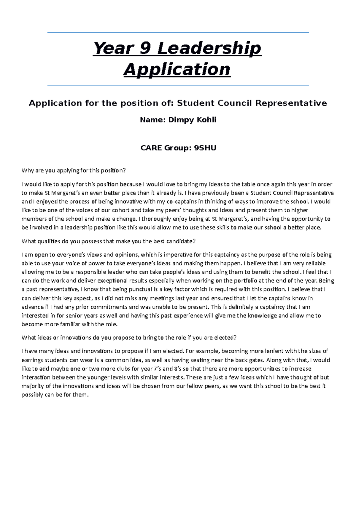 Year 9 Leadership Application Student Council - Year 9 Leadership ...