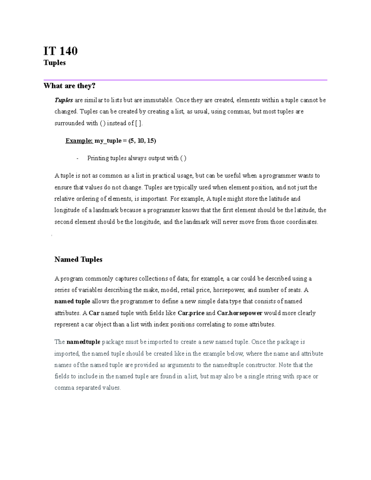 It 140 Notes Tuples It 140 Tuples What Are They Tuples Are Similar To Lists But Are