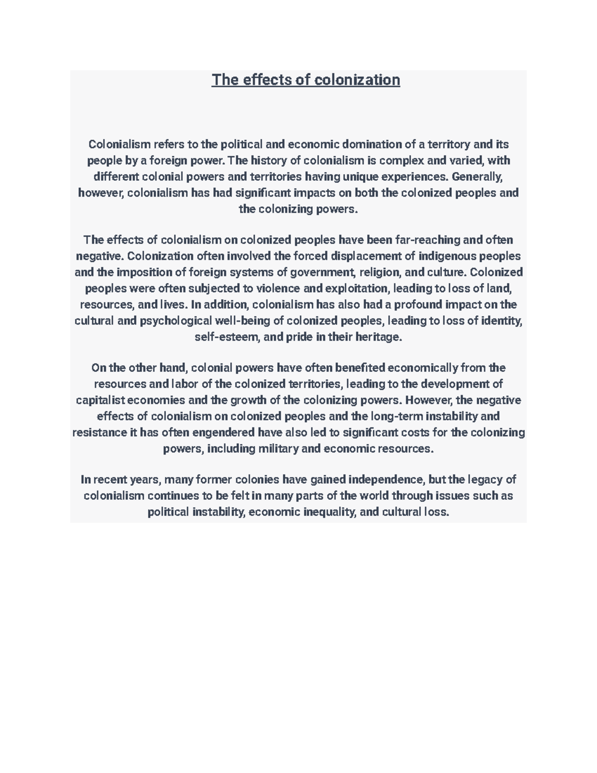 The history and effects of colonialsm - The effects of colonization ...