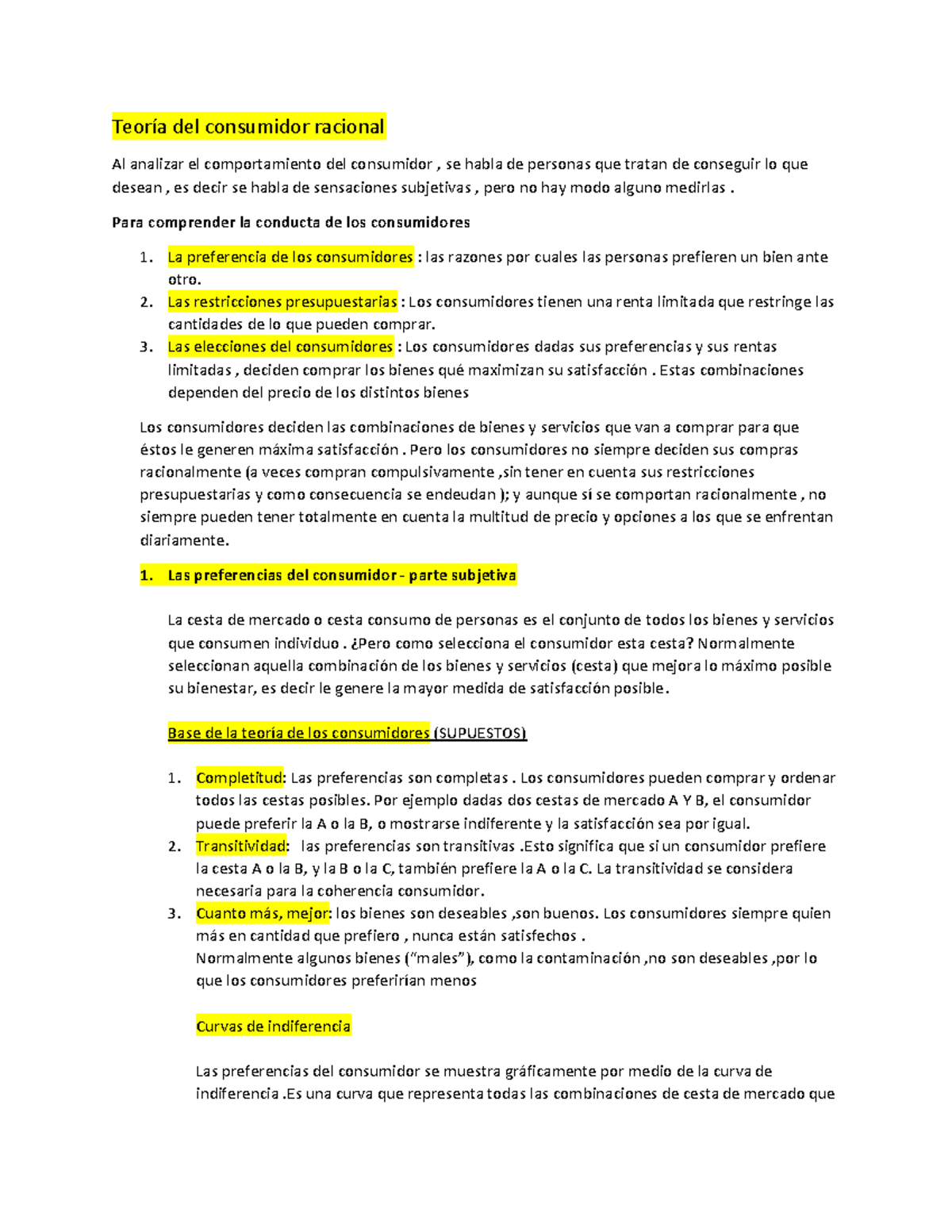 1 Resumen General - Teoría del consumidor racional Al analizar el ...