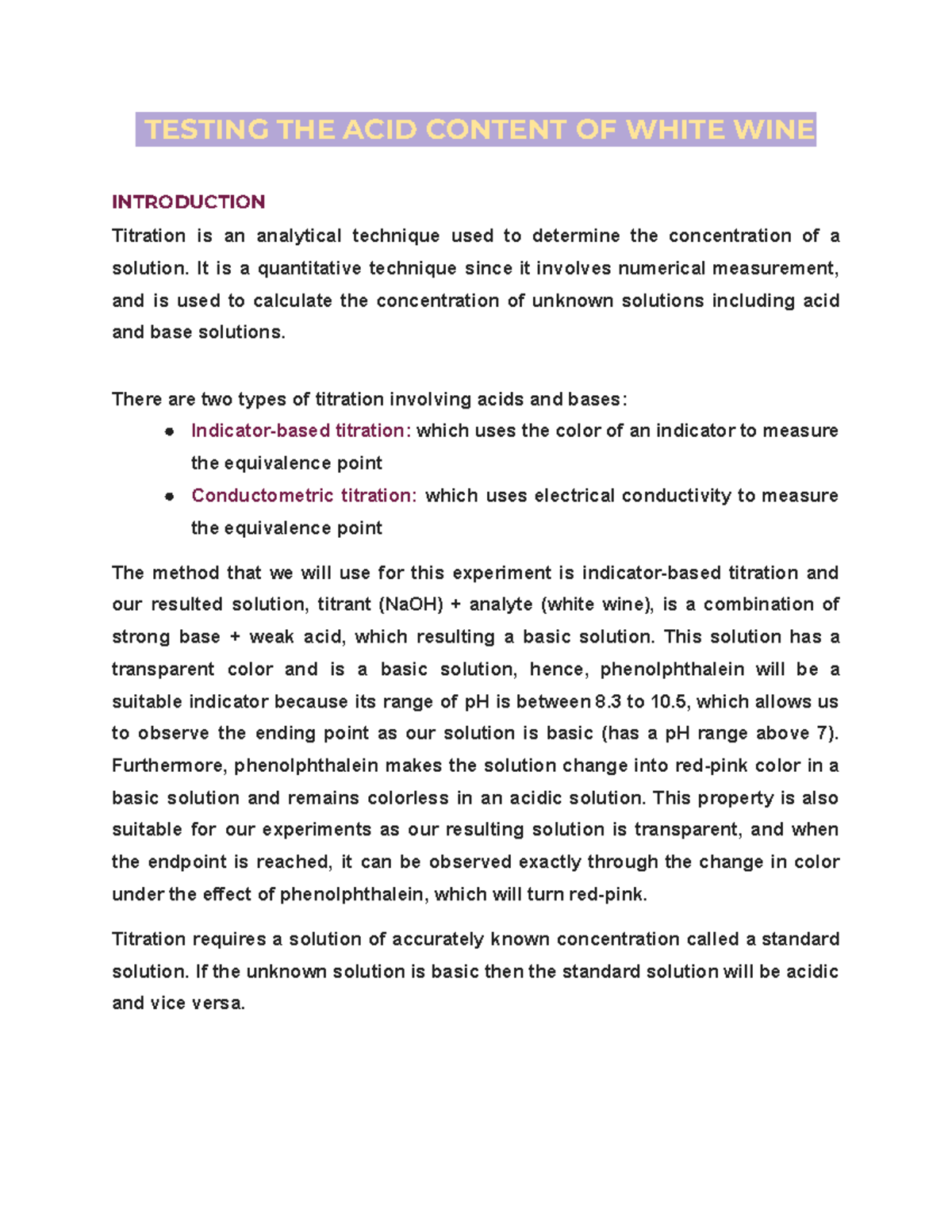 Titration YEAR 12 - TESTING THE ACID CONTENT OF WHITE WINE INTRODUCTION ...