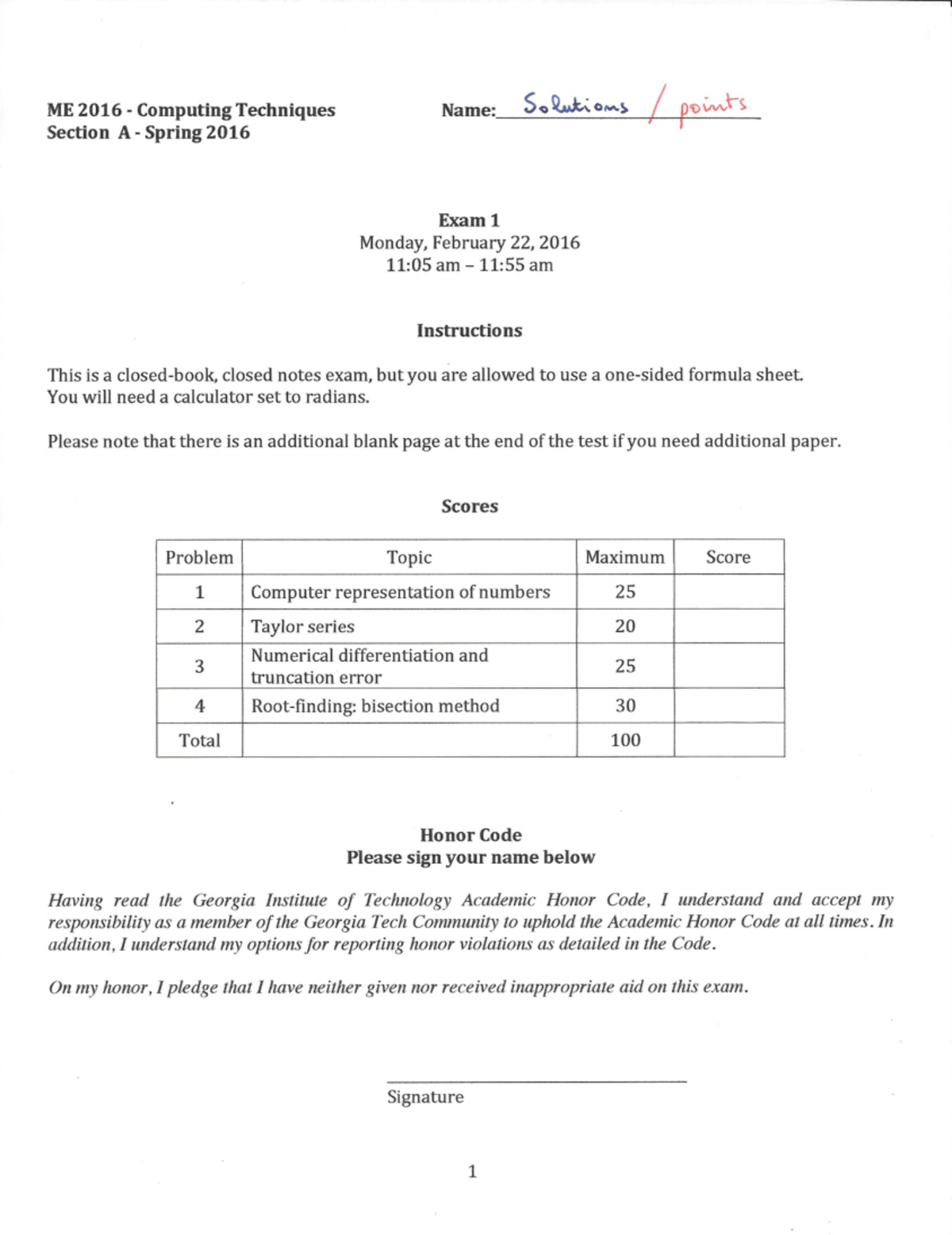 Exam1+solutions+-+Section+A - ME 2016 Computing Techniques Name: So ...
