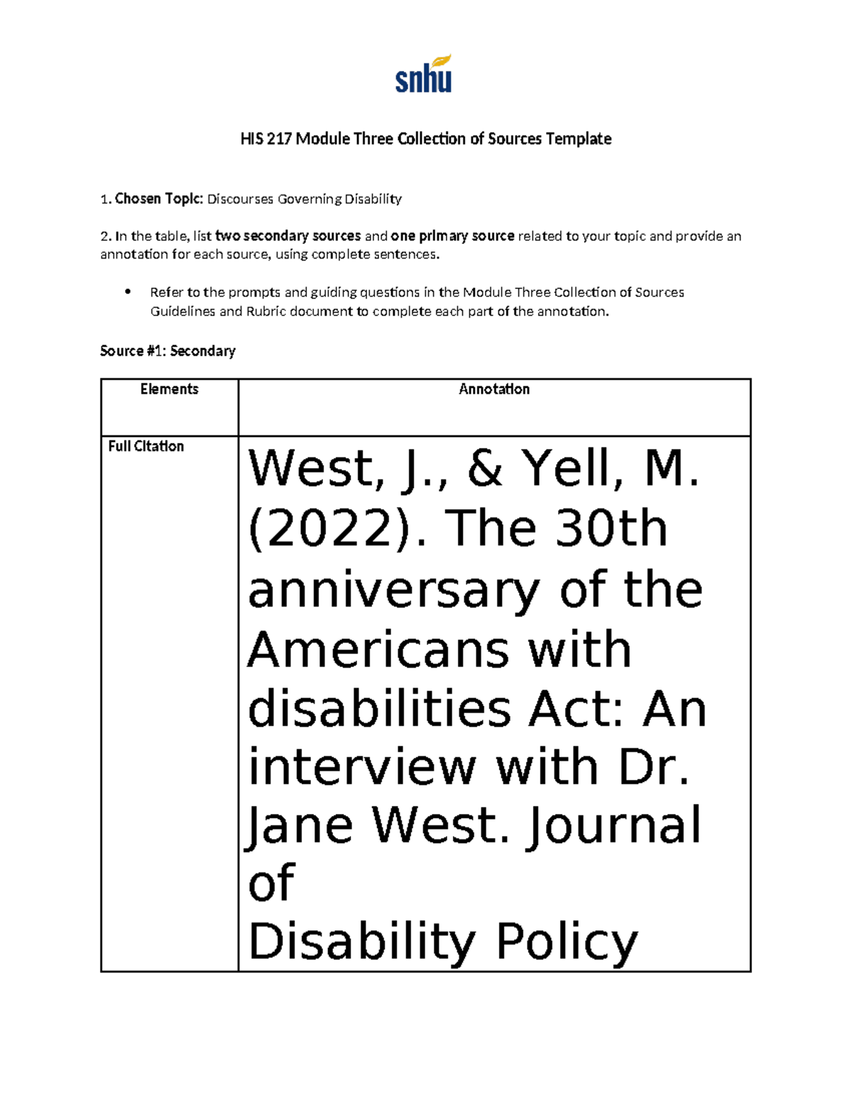 HIS 217 Module Three Collection of Sources Template - Chosen Topic ...
