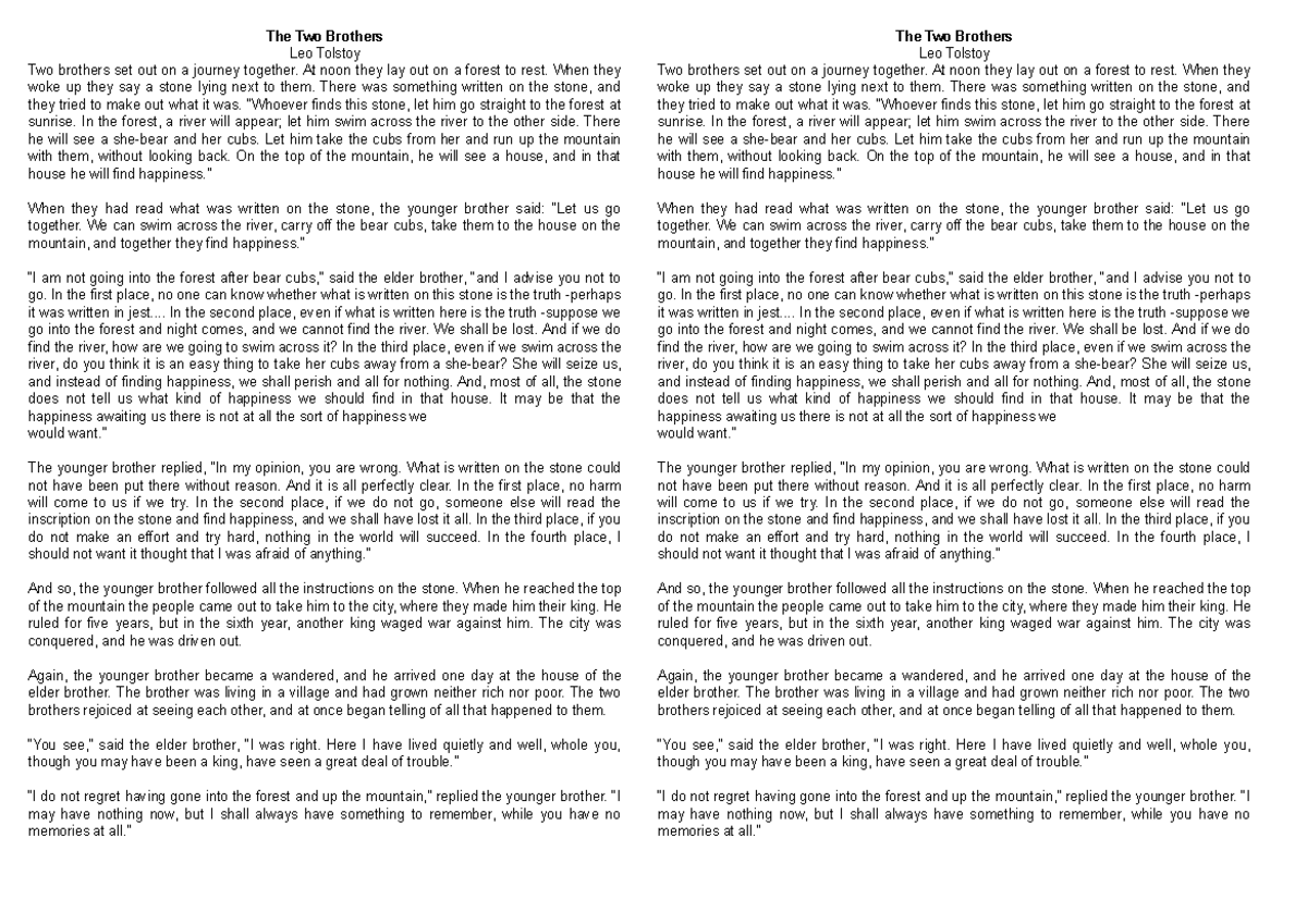 The Two Brothers - The Two Brothers Leo Tolstoy Two brothers set out on ...
