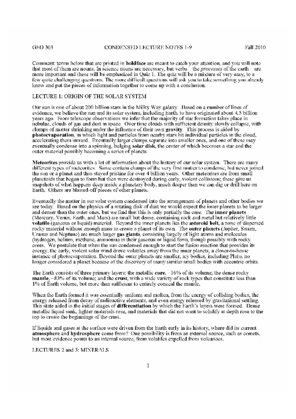 Lecture notes - Condensed lecture notes 1 - 9 - GEO 303 CONDENSED ...