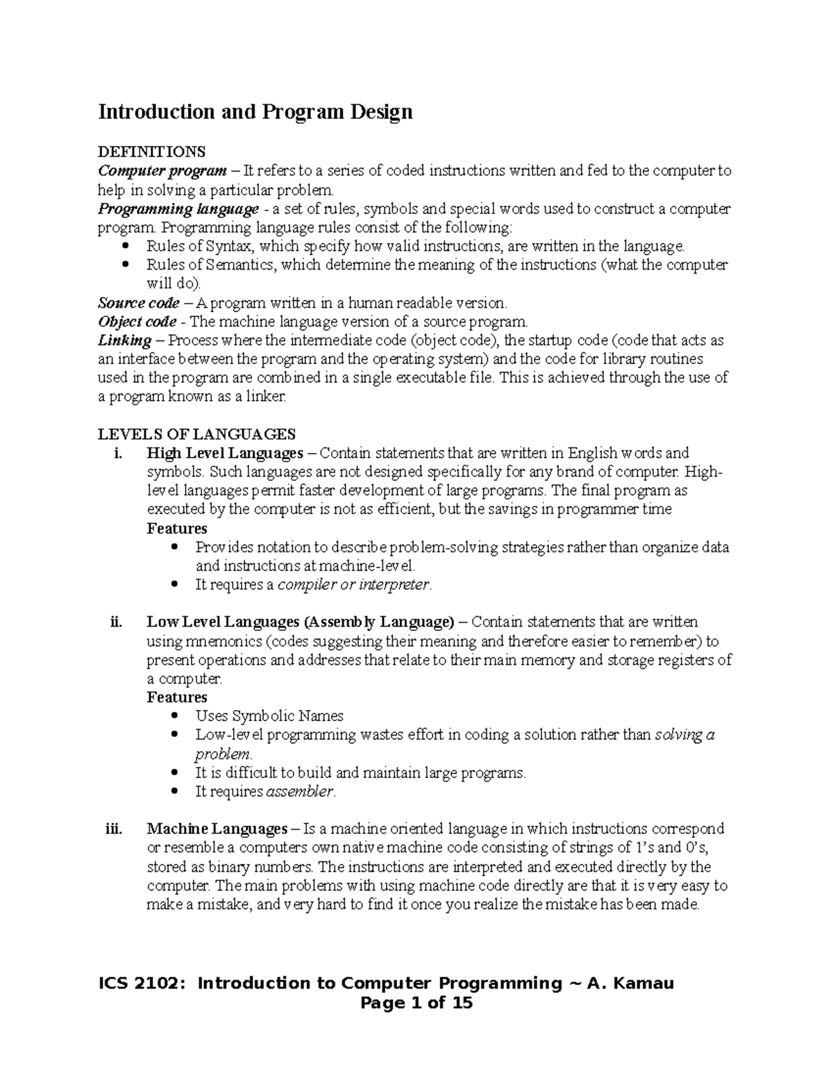 Introduction and Program design - Introduction and Program Design ...