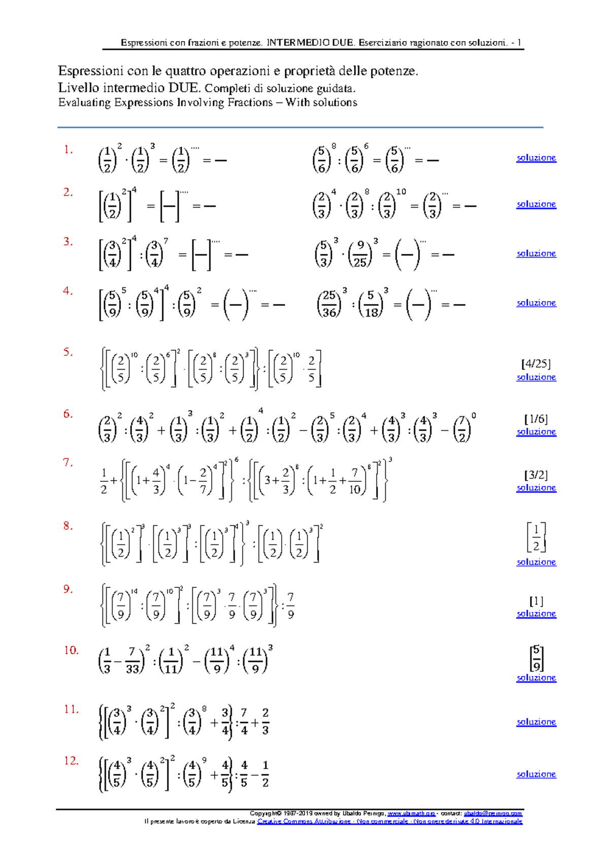 Frazioni Espressioni Potenze Intermediate DUE 2019 Ubi Math - Copyright ...