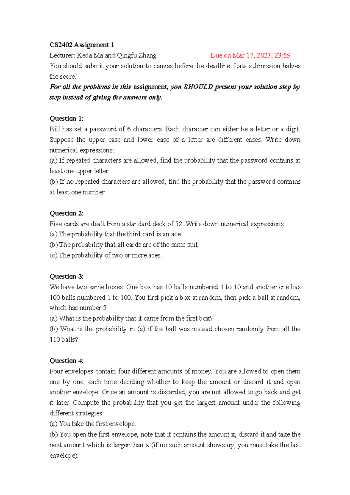 Assignment 1-2023 - Assignemnt 1 - CS2402 Assignment 1 Lecturer: Keda Ma and Qingfu Zhang Due on ...